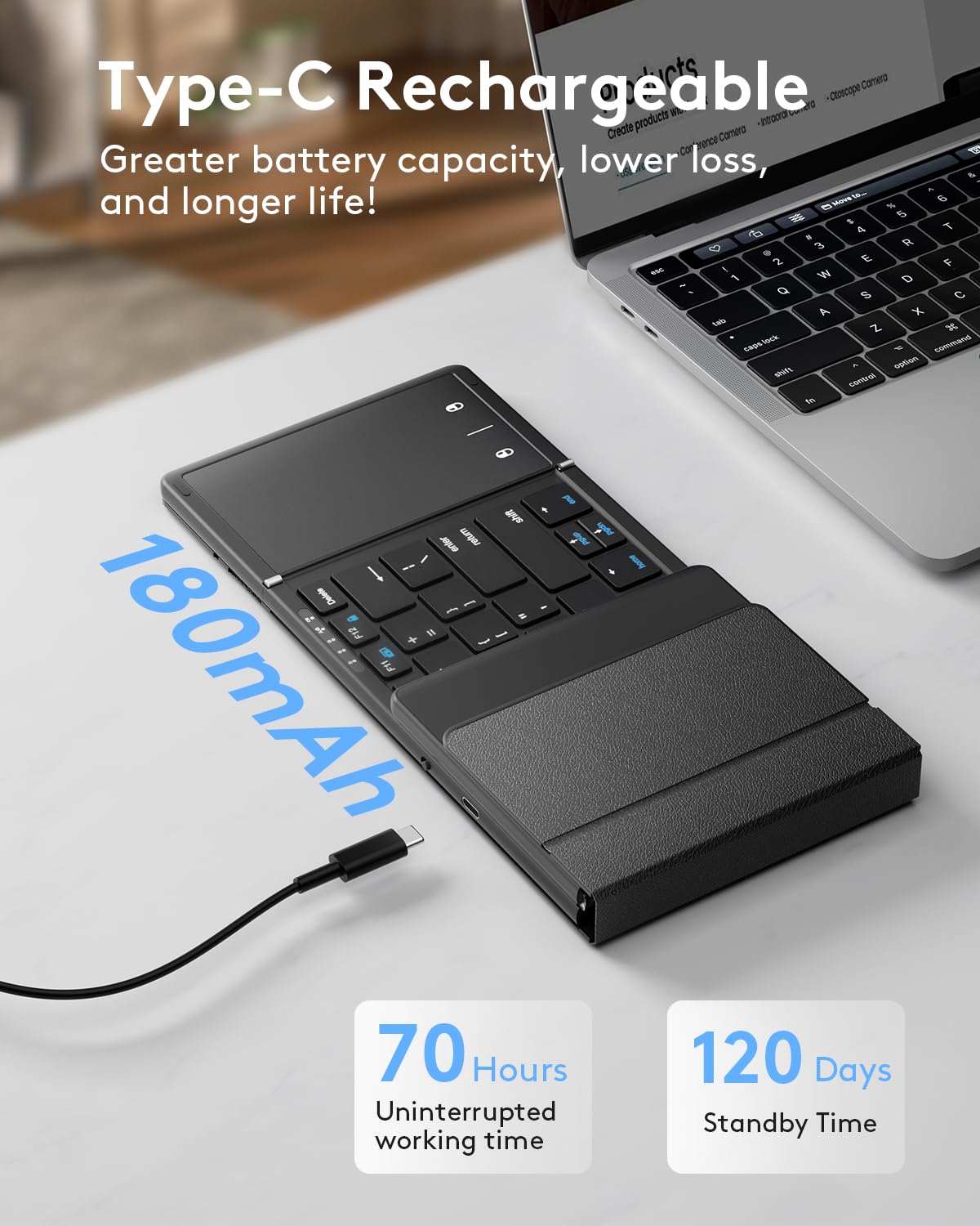Samsers Foldable Bluetooth Keyboard with Touchpad, Full-Size Wireless Folding Keyboard with PU Leather, Portable Travel Keyboard for iOS Android Windows Mac OS, Support 3 Devices (BT5.1 x 3), Black