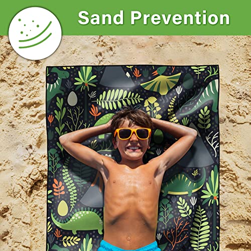 QQP Microfiber Kids Beach Towels & Pouch,60"x30"Lightweight Sand Free Quick Dry Beach Towels for Kids,Personalized Cute Double Sided Patterns Travel Towels for Boys & Girls(Dinosaur)