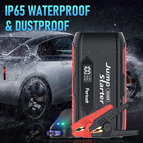 Jump Starter Pericat, 1500A Car Battery Jump Starter (7.0L Gas/5.5L Diesel), 12V Portable Car Jump Starter with LCD Display, Quick Charger Smart Jump Cables and LED Flashlight