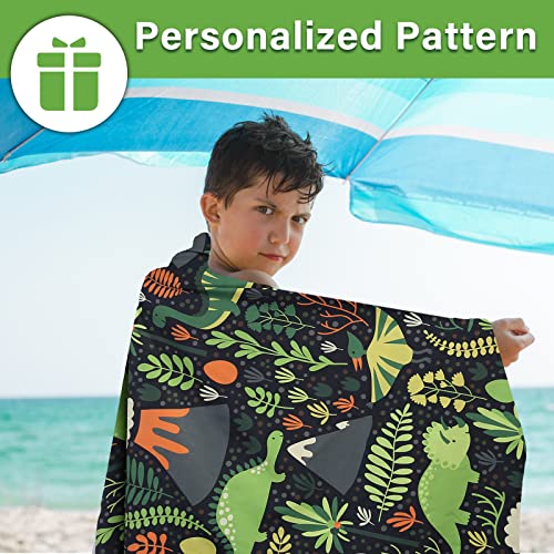 QQP Microfiber Kids Beach Towels & Pouch,60"x30"Lightweight Sand Free Quick Dry Beach Towels for Kids,Personalized Cute Double Sided Patterns Travel Towels for Boys & Girls(Dinosaur)