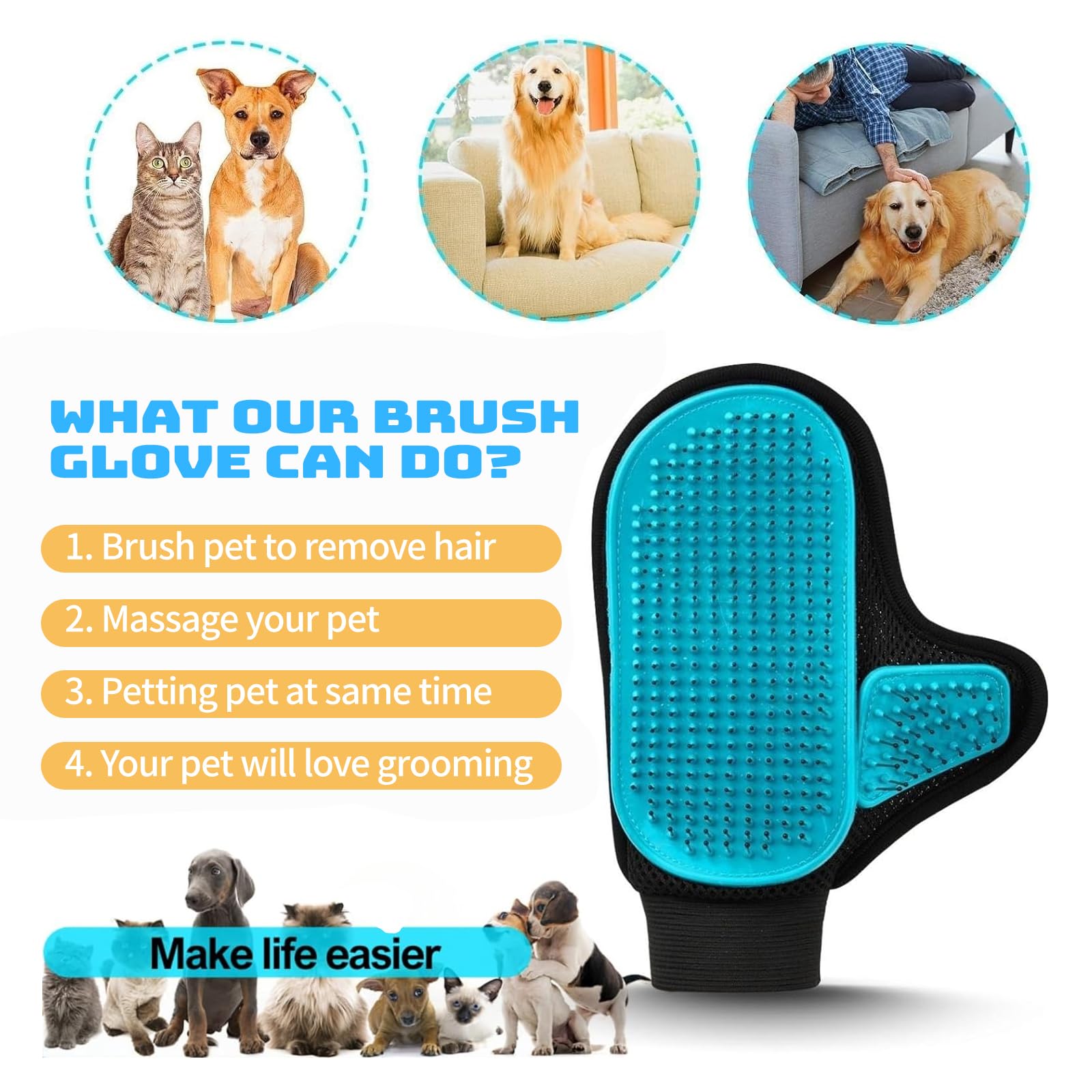 Beenefits 2024 Pet Grooming Glove with Tipped Pin Brush,Special Design Deshedding Glove, Massage Mitt, Perfect Petting Tool for Sensitive Dogs & Cats with Long & Medium Fur - Right-Hand - Blue