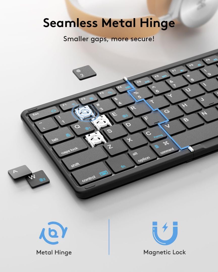 Samsers Foldable Bluetooth Keyboard with Touchpad, Full-Size Wireless Folding Keyboard with PU Leather, Portable Travel Keyboard for iOS Android Windows Mac OS, Support 3 Devices (BT5.1 x 3), Black
