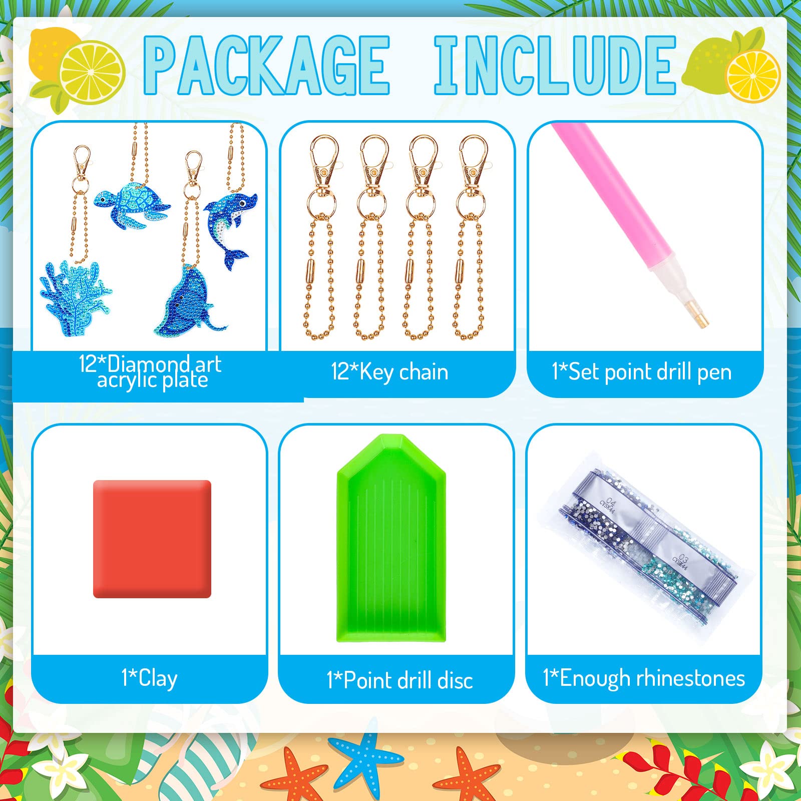 Whaline 12Pcs Summer Diamond Drawing Keychain Kit Ocean Fish Theme DIY Diamond Drawing Pendant Under The Sea Rhinestone Mosaic Making Full Drill Diamond Keychain for Crafts Gift