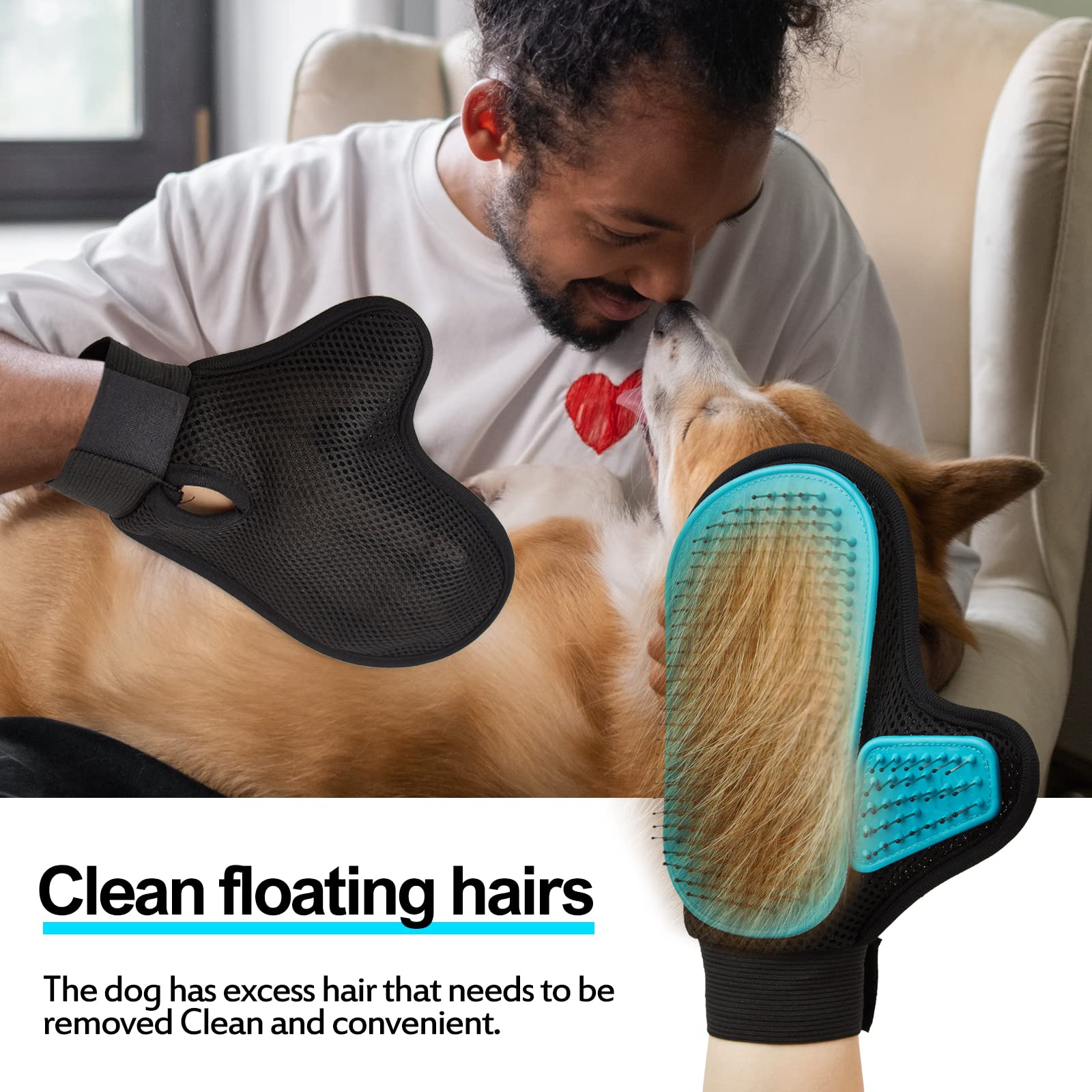 Beenefits 2024 Pet Grooming Glove with Tipped Pin Brush,Special Design Deshedding Glove, Massage Mitt, Perfect Petting Tool for Sensitive Dogs & Cats with Long & Medium Fur - Right-Hand - Blue