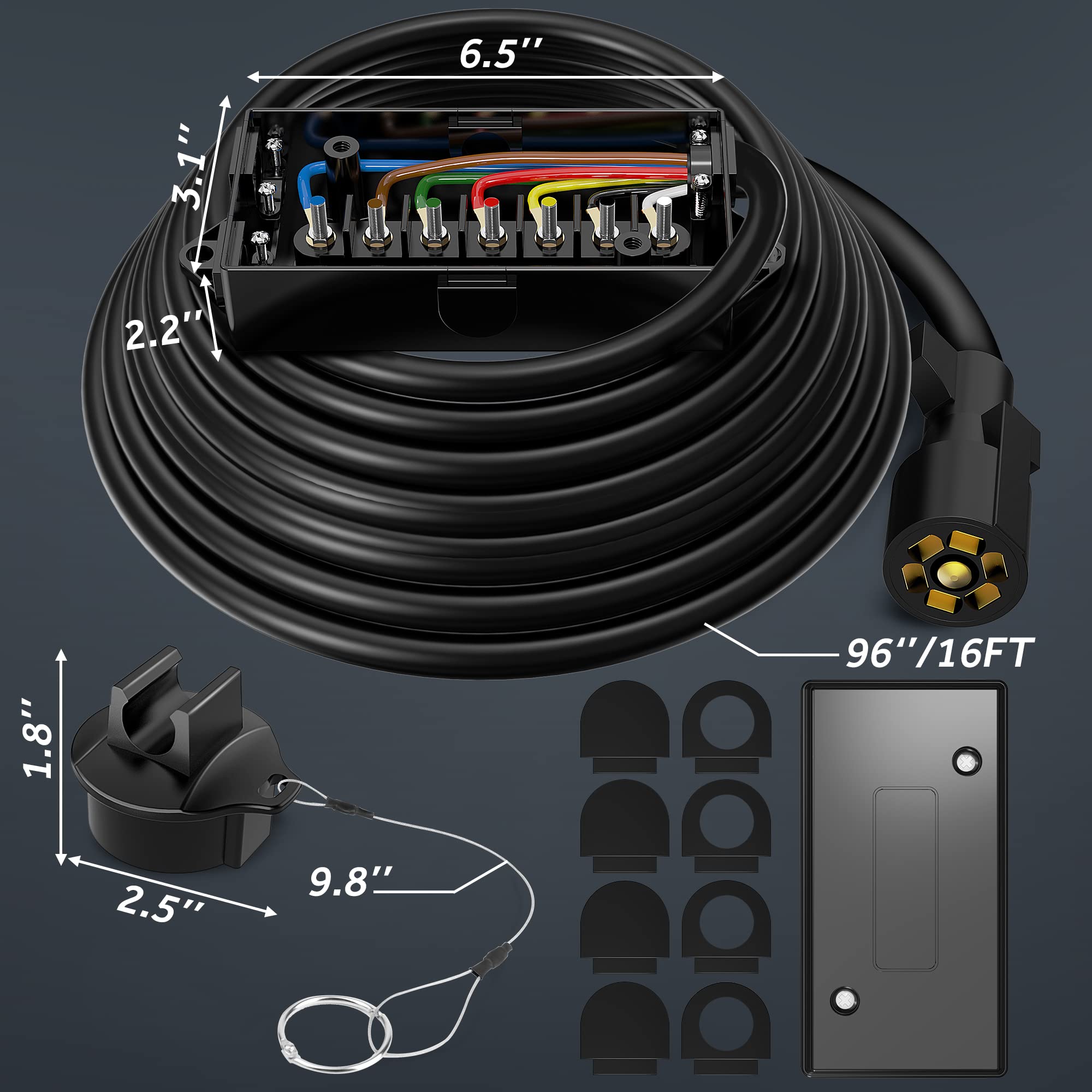 MICTUNING Heavy Duty 7 Way Plug Inline Trailer Cord with 7 Gang Junction Box 16 Feet, Weatherproof