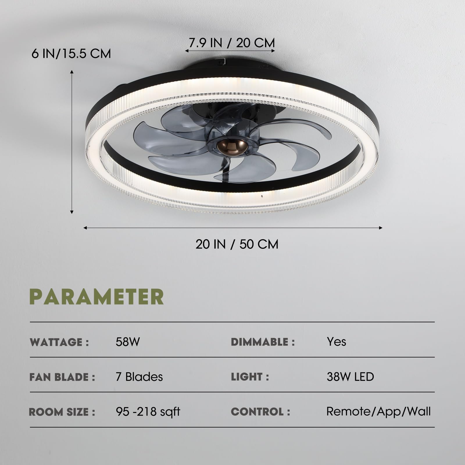 LUDOMIDE Ceiling Fans with Lights, 20" Low Profile Ceiling Fan with Light Remote Control, Flush Mount Fandelier Ceiling Fan 6 Wind Speeds 3 Color Changeable for Bedroom, Kitchen and Kids Room (Black)