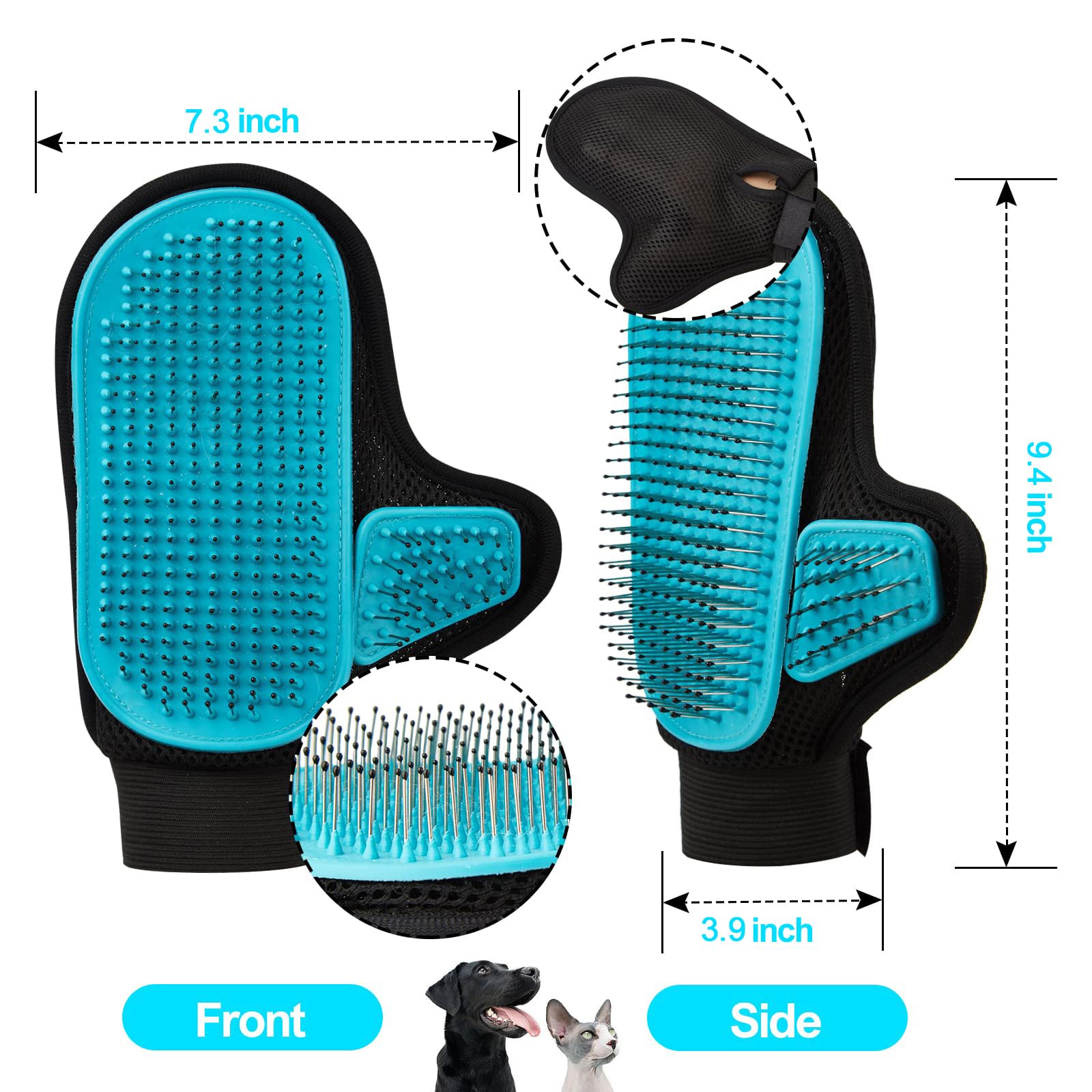 Beenefits 2024 Pet Grooming Glove with Tipped Pin Brush,Special Design Deshedding Glove, Massage Mitt, Perfect Petting Tool for Sensitive Dogs & Cats with Long & Medium Fur - Right-Hand - Blue