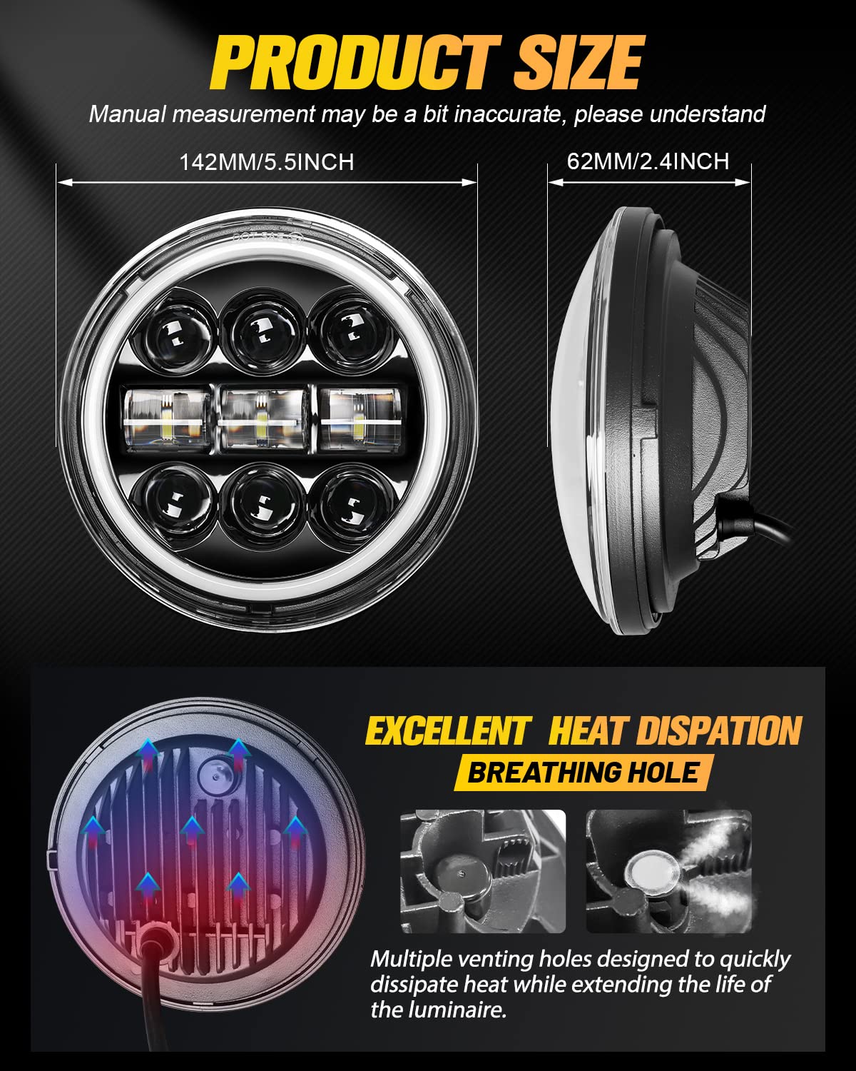 5.75" Motorcycle LED Headlights with Projector Hi/Lo Beam+ Amber/White DRL, Halo Ring, 5 3/4 Inch LED Sealed Beam Round Lights DOT Approved(2PCS)