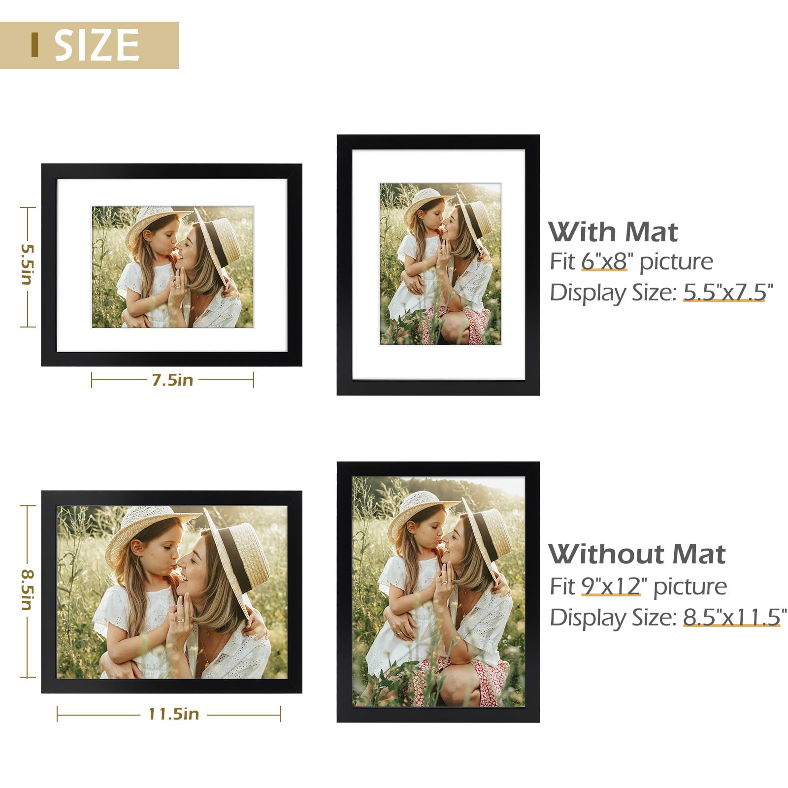 Golden State Art, 9x12 Picture Frame - Black Solid Wood With Tempered Glass - Display Pictures 6X8 with Mat or 9X12 Without Mat - Wall Hanging Photo Frame, 1 Pack
