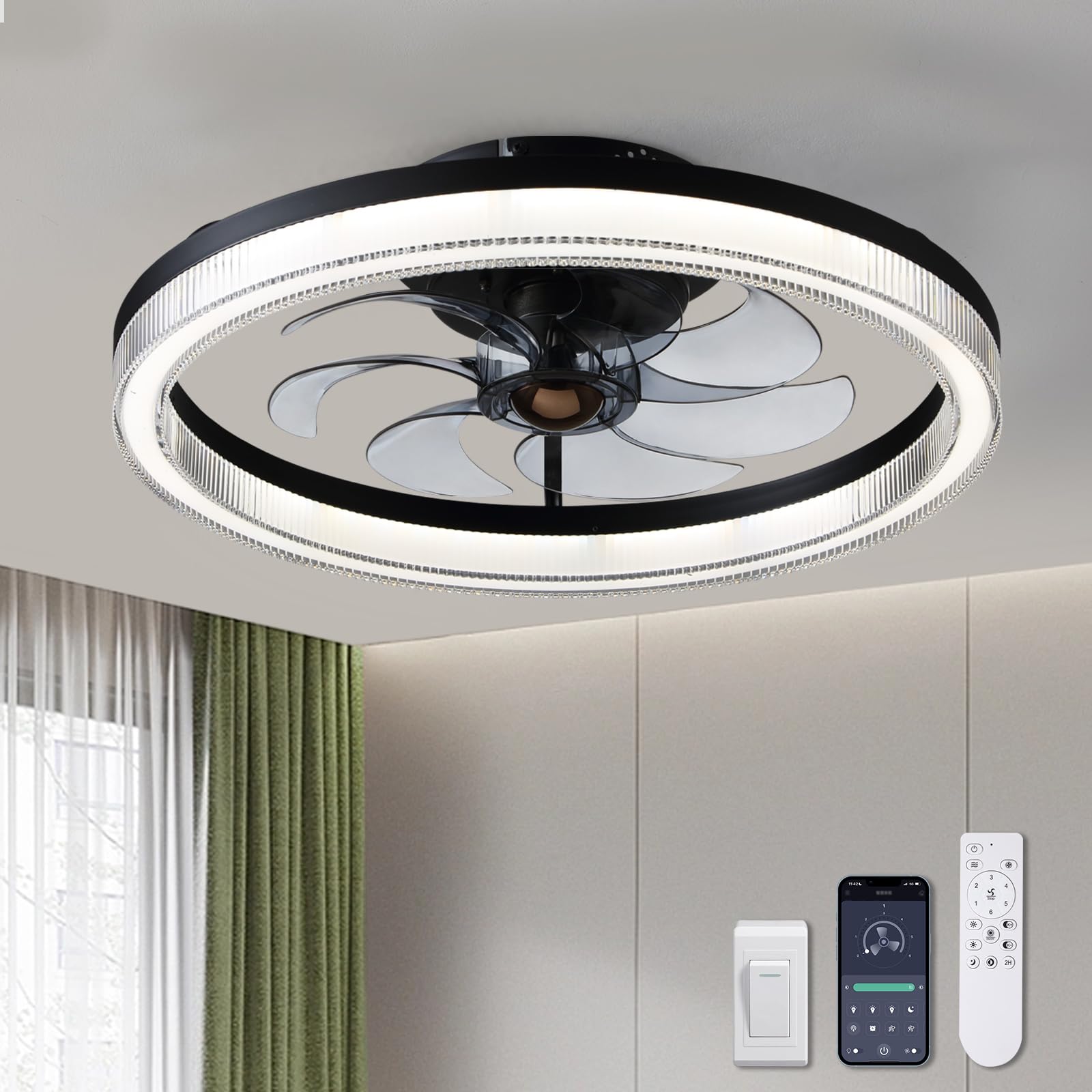 LUDOMIDE Ceiling Fans with Lights, 20" Low Profile Ceiling Fan with Light Remote Control, Flush Mount Fandelier Ceiling Fan 6 Wind Speeds 3 Color Changeable for Bedroom, Kitchen and Kids Room (Black)
