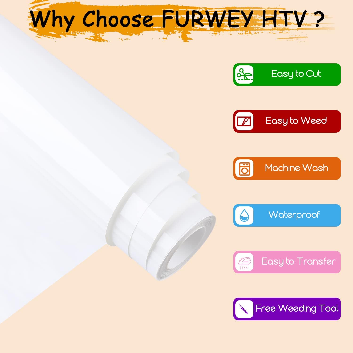 FURWEY Heat Transfer Vinyl White Iron on Vinyl-12 x 45Ft HTV Vinyl Roll Easy to Cut & Weed for Heat Vinyl Design