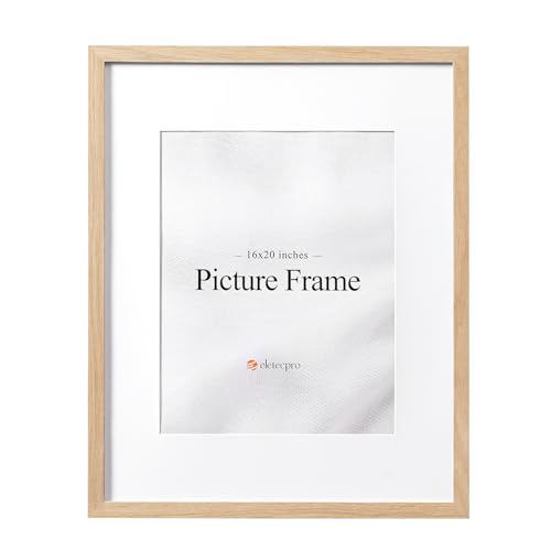 eletecpro 16x20 Picture Frame Made of Oak Wood and Reinforced Glass Displays Photos 11x14 with Mat or 16x20 without Mat, Natural Poster Frame for Modern Home Decor Horizontal or Vertical Hanging