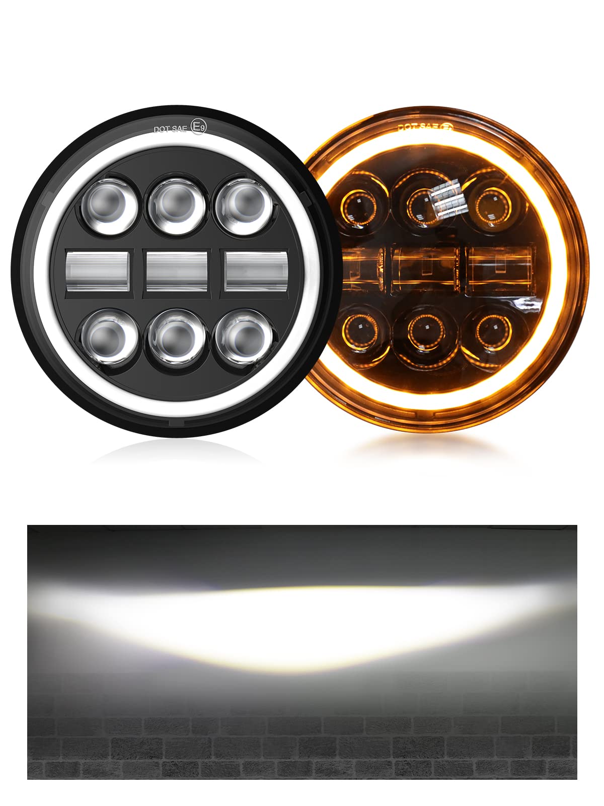 5.75" Motorcycle LED Headlights with Projector Hi/Lo Beam+ Amber/White DRL, Halo Ring, 5 3/4 Inch LED Sealed Beam Round Lights DOT Approved(2PCS)