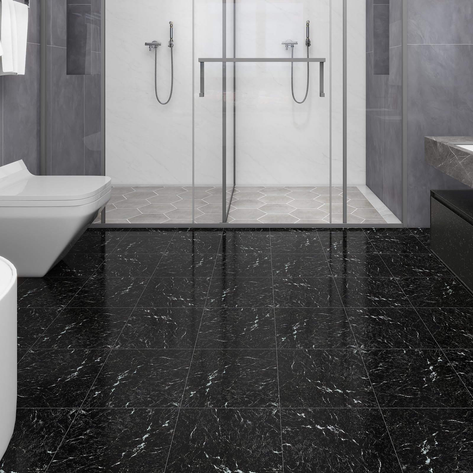Mysflosy Peel and Stick Floor Tiles, Self Adhesive Waterproof Vinyl Flooring, 12''x12'' Dark Jade Black DIY Floor Sticker for Kitchen, Bathrooms & Bedroom, 1.5mm Thickness, 20 Tiles