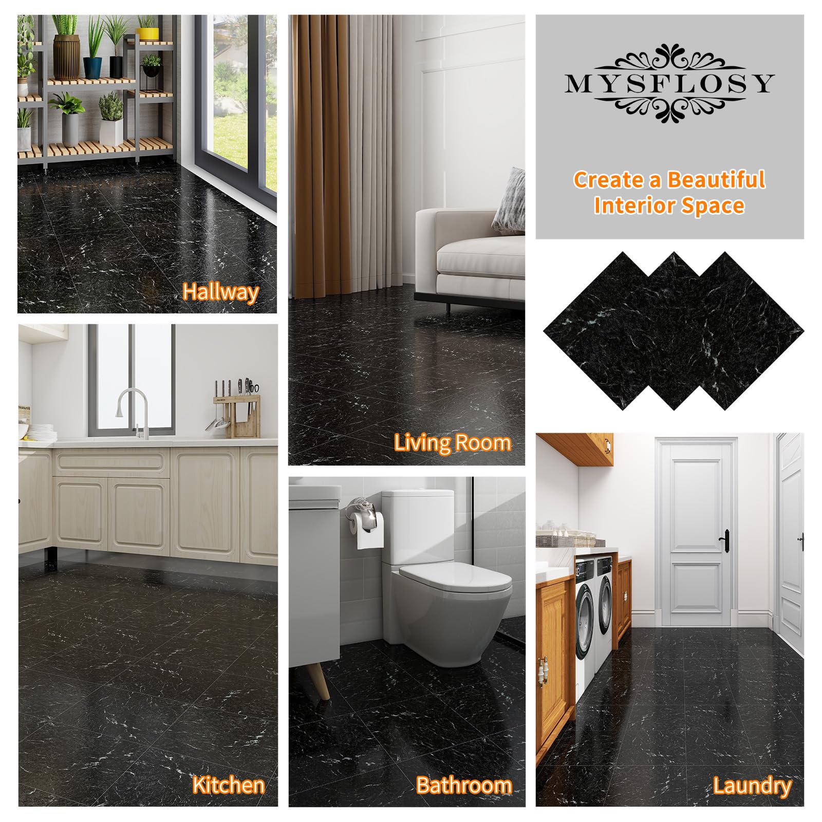 Mysflosy Peel and Stick Floor Tiles, Self Adhesive Waterproof Vinyl Flooring, 12''x12'' Dark Jade Black DIY Floor Sticker for Kitchen, Bathrooms & Bedroom, 1.5mm Thickness, 20 Tiles