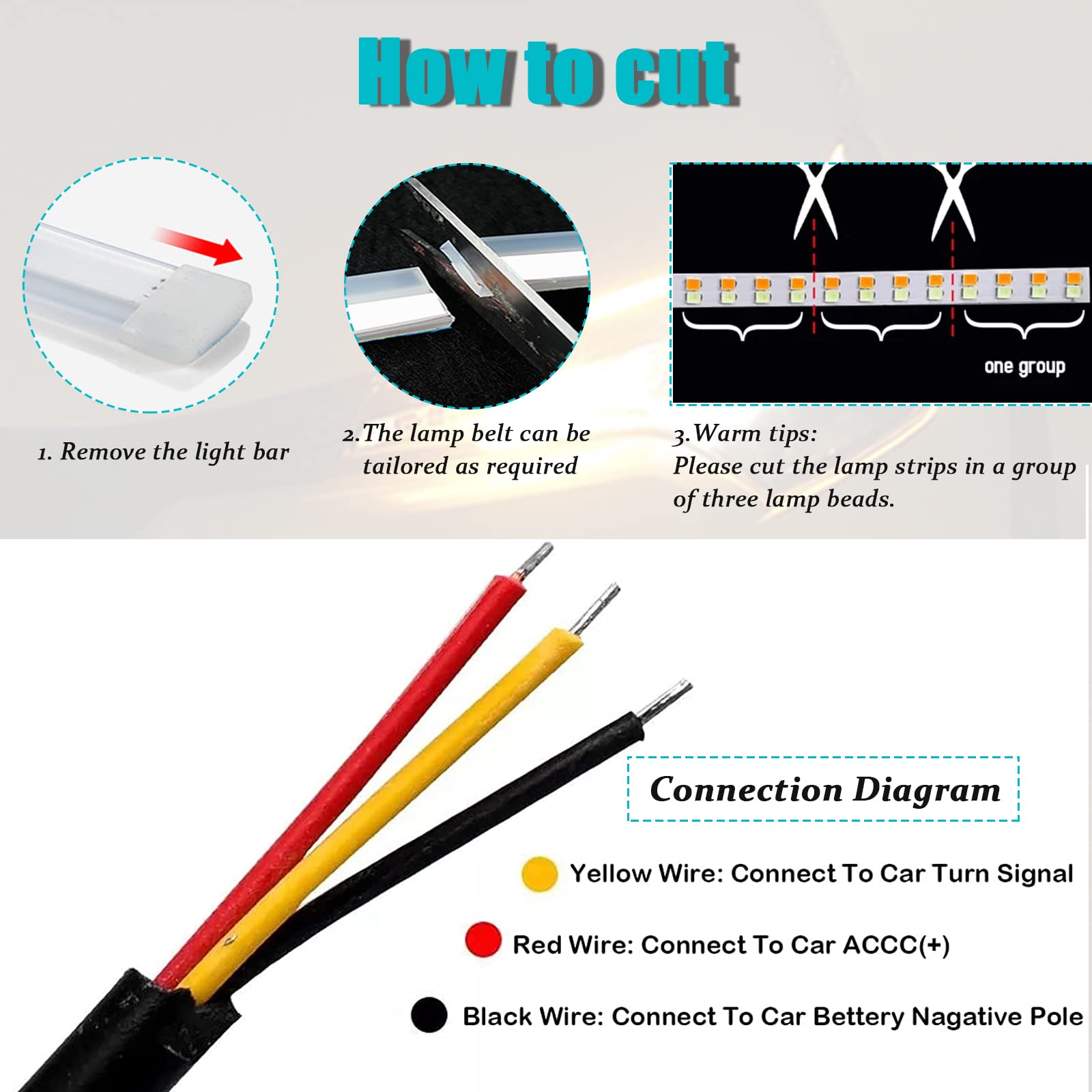 2PCS Car LED Strip Lights, 24inch LED Headlight Strip Daytime Running, Flexible Waterproof LED Headlight Strips Dual Color Turn Signal, Super Bright Waterproof 12V LED Tube (White/Yellow)