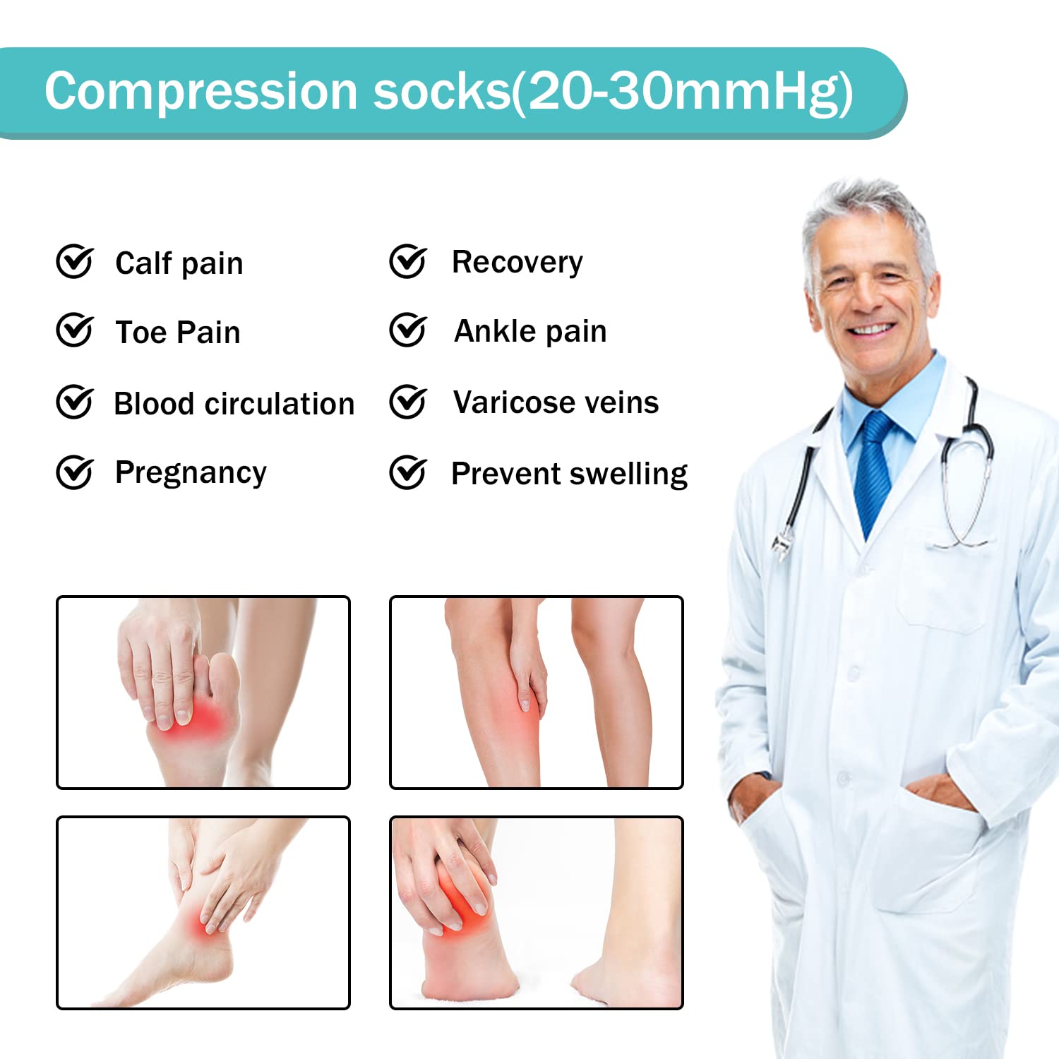 Compression Socks for Women & Men 20-30mmgh Knee High Socks for Running Nurse Travel 4-Pairs Striped Polka Dot