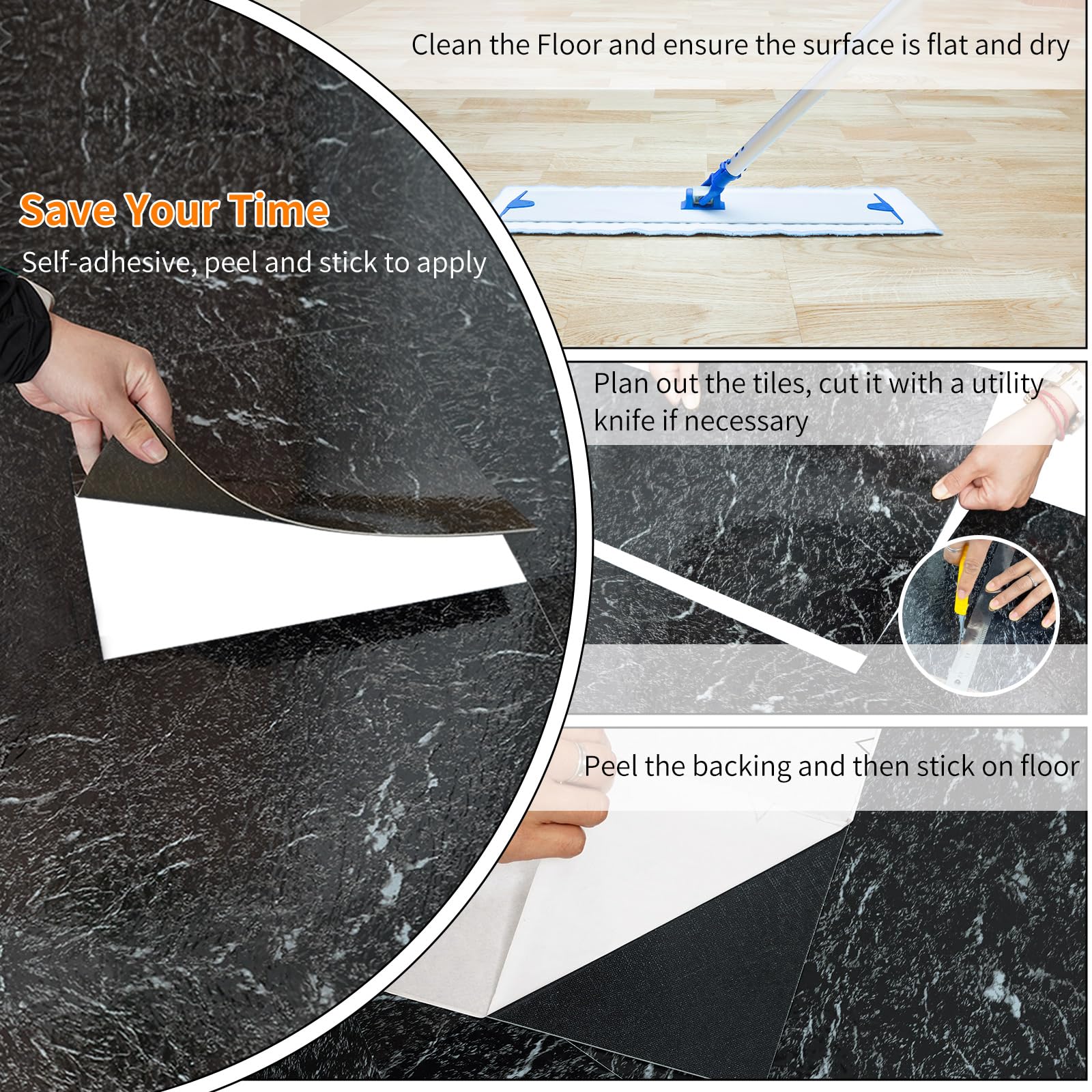 Mysflosy Peel and Stick Floor Tiles, Self Adhesive Waterproof Vinyl Flooring, 12''x12'' Dark Jade Black DIY Floor Sticker for Kitchen, Bathrooms & Bedroom, 1.5mm Thickness, 20 Tiles