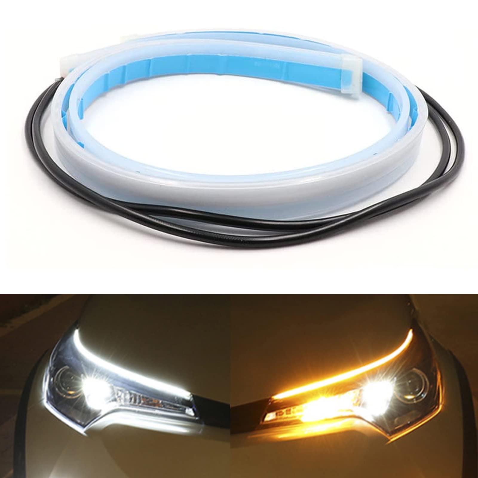 2PCS Car LED Strip Lights, 24inch LED Headlight Strip Daytime Running, Flexible Waterproof LED Headlight Strips Dual Color Turn Signal, Super Bright Waterproof 12V LED Tube (White/Yellow)
