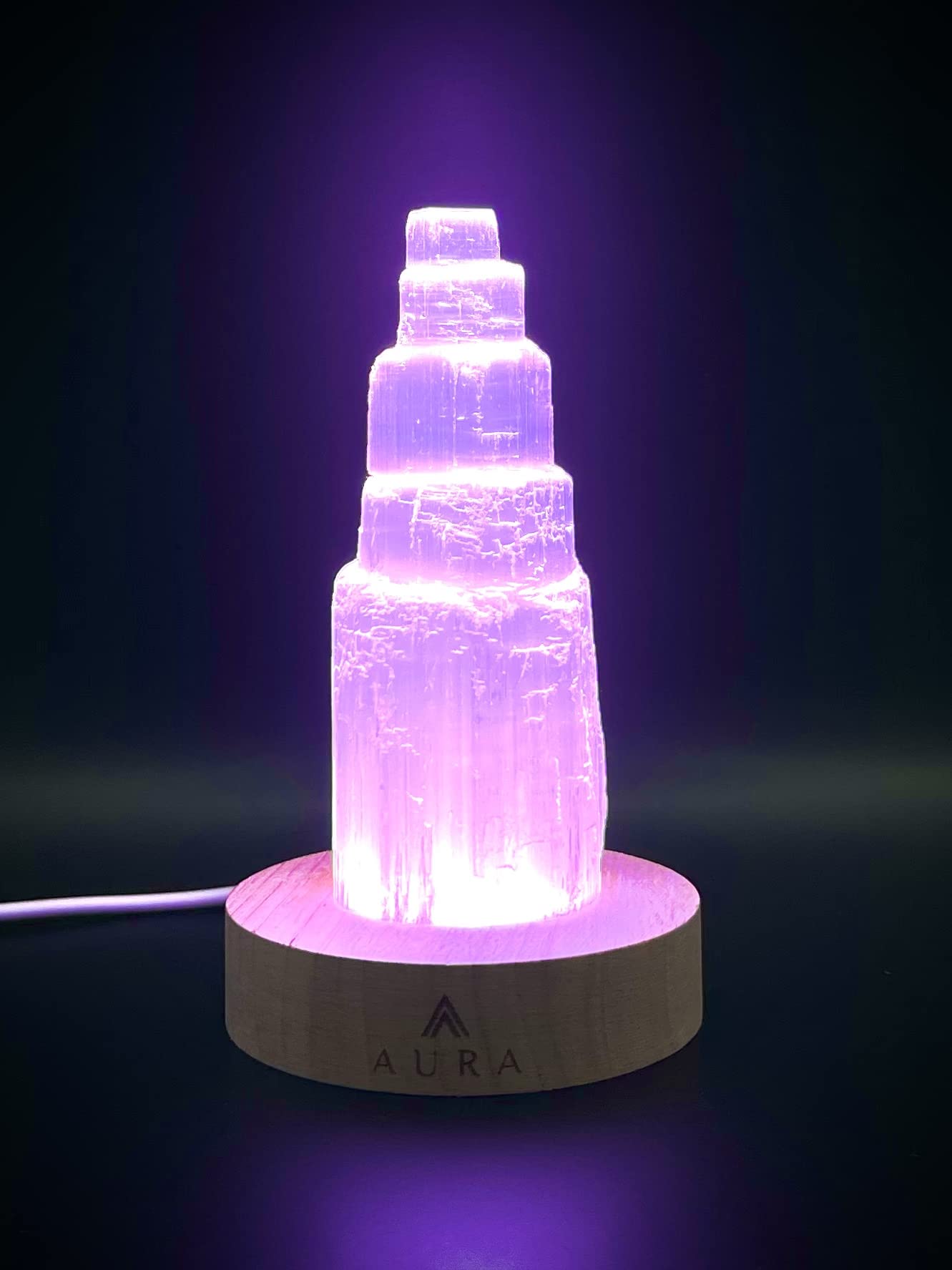 Aura Lifestyle LED Wood Light Display Base for Selenite Tower ,Crystal Glass Art, Colorful Light Crystal Display Base Stand with Remote Control