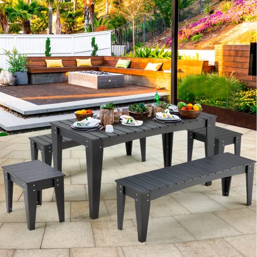 Erinnyees HDPE 5 Piece Patio Dining Set, Outdoor Table Bench Furniture Set with 1 Rectangle Dining Table, 2 Double Benches, and 2 Single Stools, for Backyard, Porch, Lawn, and Garden