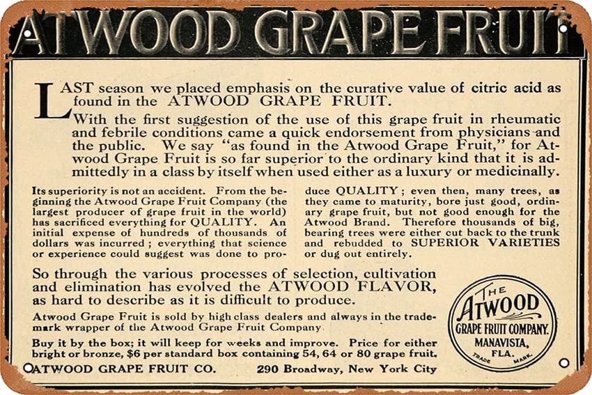 1910 Ad Atwood Grape Fruit Co. Box Manavista Florida - ORIGINAL ADVERTISING TOM1 Retro Style Metal Tin Sign Home Cafe Bar Pub Wall Decor Metal Poster 8x12 Inch