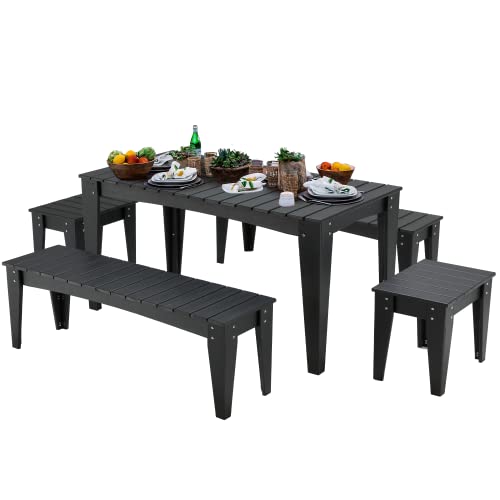 Erinnyees HDPE 5 Piece Patio Dining Set, Outdoor Table Bench Furniture Set with 1 Rectangle Dining Table, 2 Double Benches, and 2 Single Stools, for Backyard, Porch, Lawn, and Garden