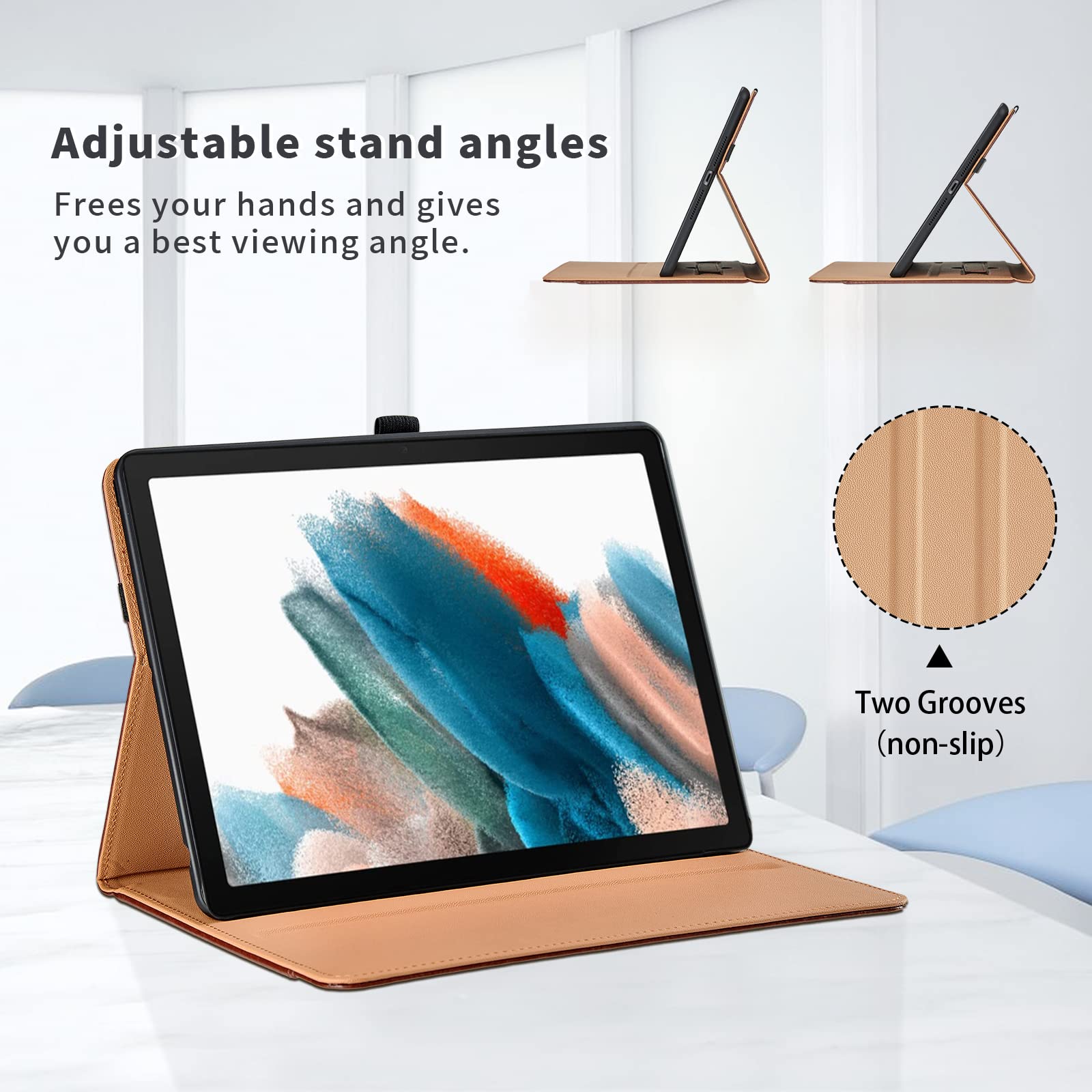 Case for Samsung Galaxy Tab A8 10.5 inch 2022 (SM-X200/X205/X207), Premium PU Leather Tablet Case with Hand Strap Large Pocket Auto Wake/Sleep Smart Cover, Reddish-Brown
