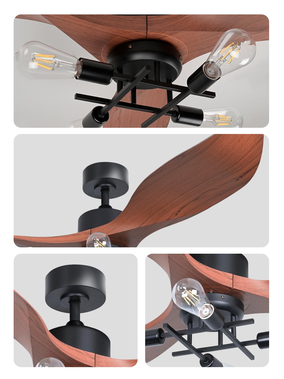 52'' Ceiling Fans with Lights, Upgrade Ceiling Fans with Lights and Remote E27*4 Led Bulbs, 3 Blade Add Wood Modern 52 Inch Bedroom Ceiling Fan with Light for Living Room Bedroom Kitchen Patio