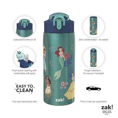 Zak Designs Disney Princess Water Bottle for Travel and At Home, 19 oz Vacuum Insulated Stainless Steel with Locking Spout Cover, Built-In Carrying Loop, Leak-Proof Design (Disney Princess)