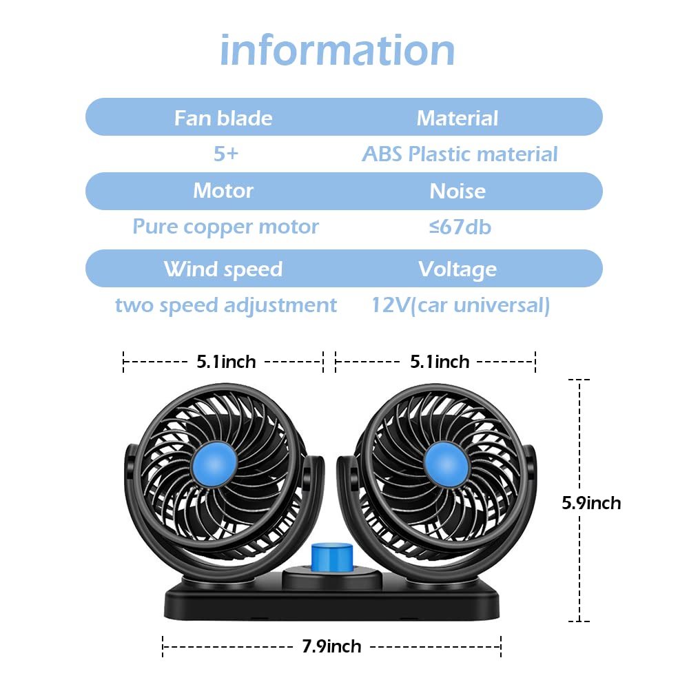 Dual Head Car Fan with Cigarette Lighter Adaptor,2 Speed Strong Quiet Wind+All-Round Adjustment Car Fans that Blow Cold Air Wide Range,Summer Car Essentials Desk Fan for SUV RV Truck Dashboard
