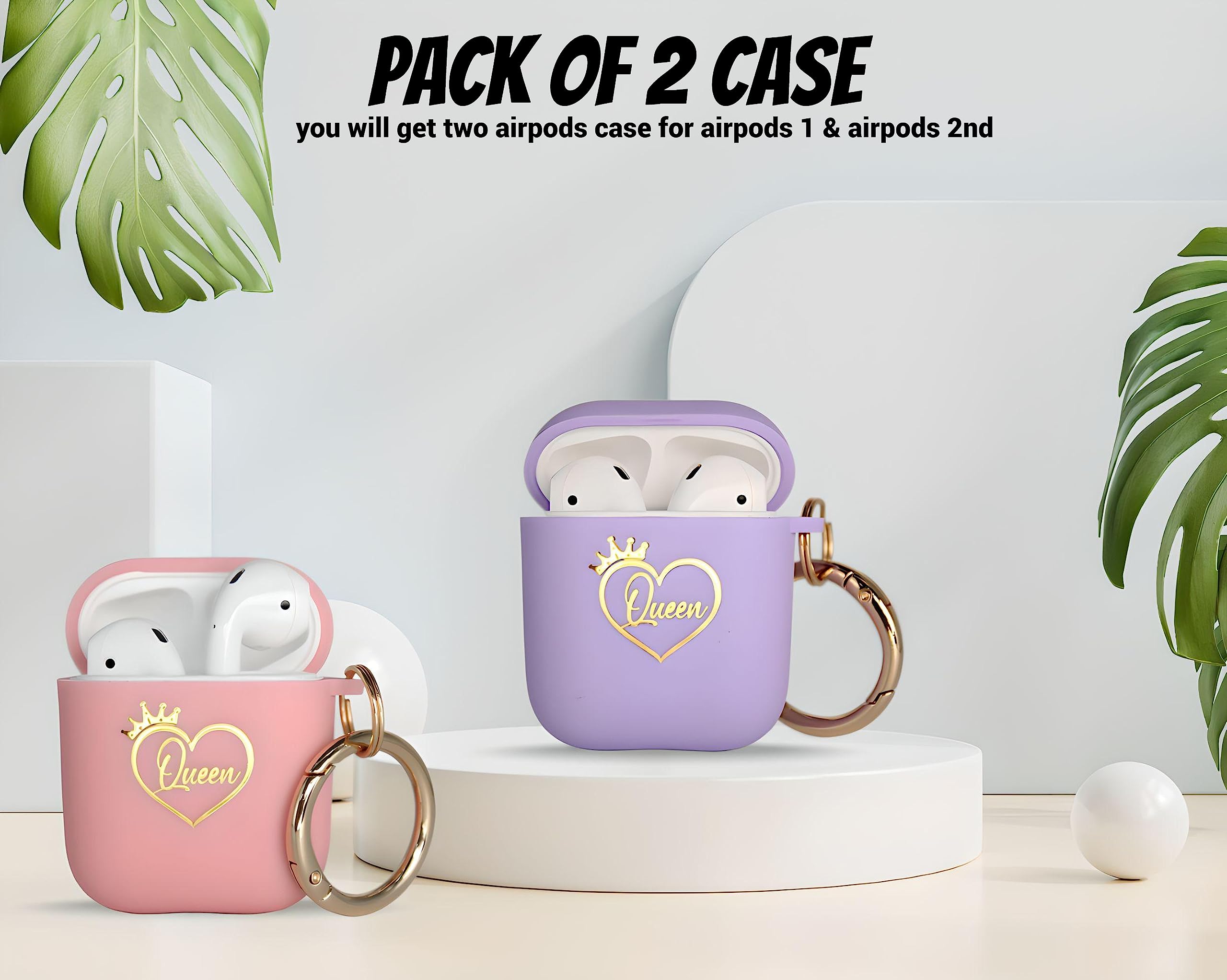 REDX1 [2 Pack] Case Compatible with Airpods 1&2nd Generation Gold Queen Design Protective Cover with Gold Keychain Accessories,TPU for Case for Women,Girl,Teen,Accessories Keychain (Purple,Pink)