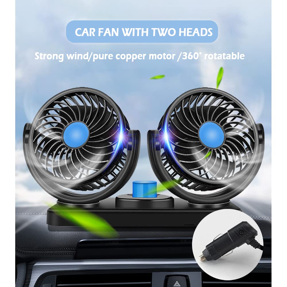 Dual Head Car Fan with Cigarette Lighter Adaptor,2 Speed Strong Quiet Wind+All-Round Adjustment Car Fans that Blow Cold Air Wide Range,Summer Car Essentials Desk Fan for SUV RV Truck Dashboard