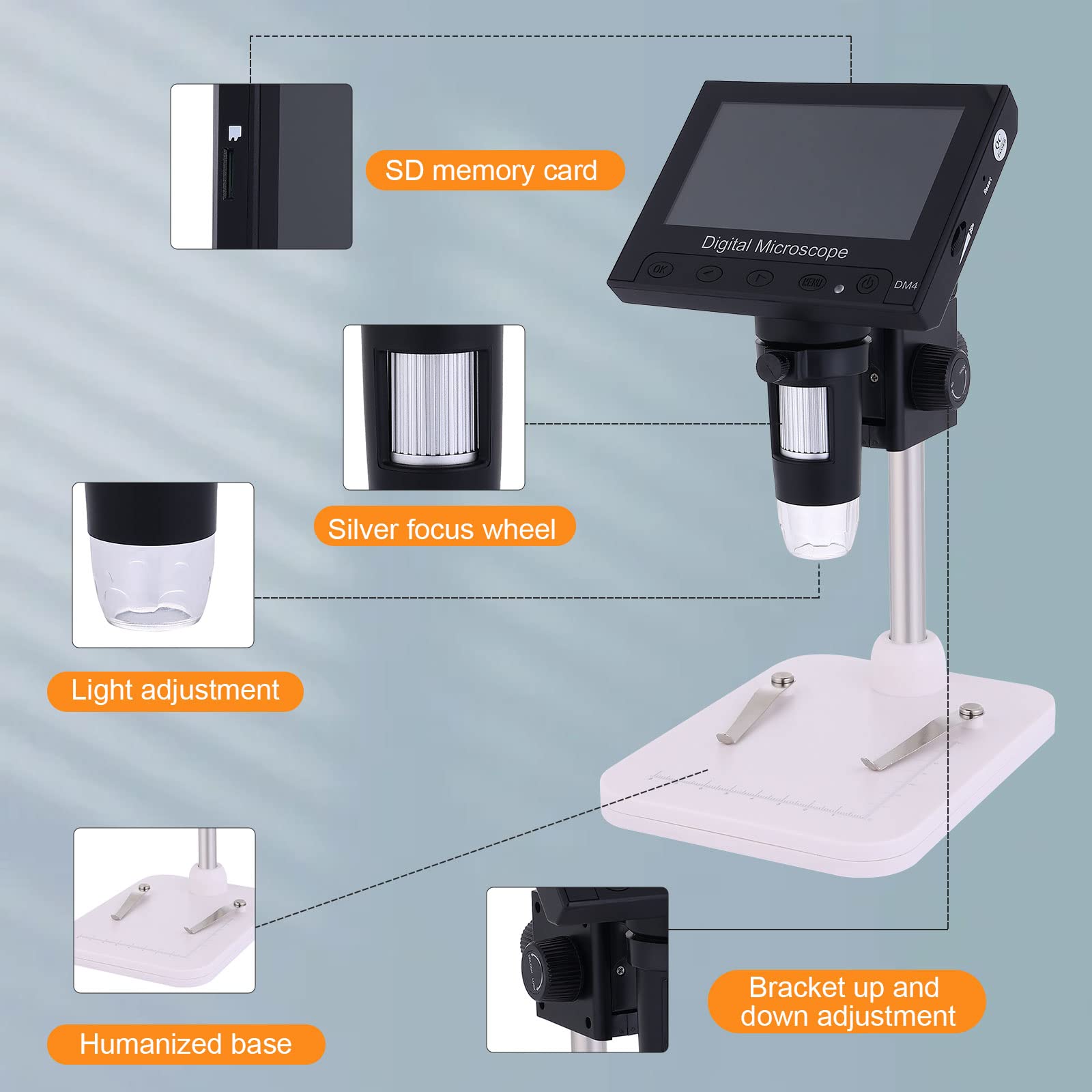 Poothoh 4.3-inch LCD Digital Microscope, 50X-1000X Magnification, Camera Handheld Microscope with 8 LEDs, for PCB/Coin Observation Soldering, Windows Compatible