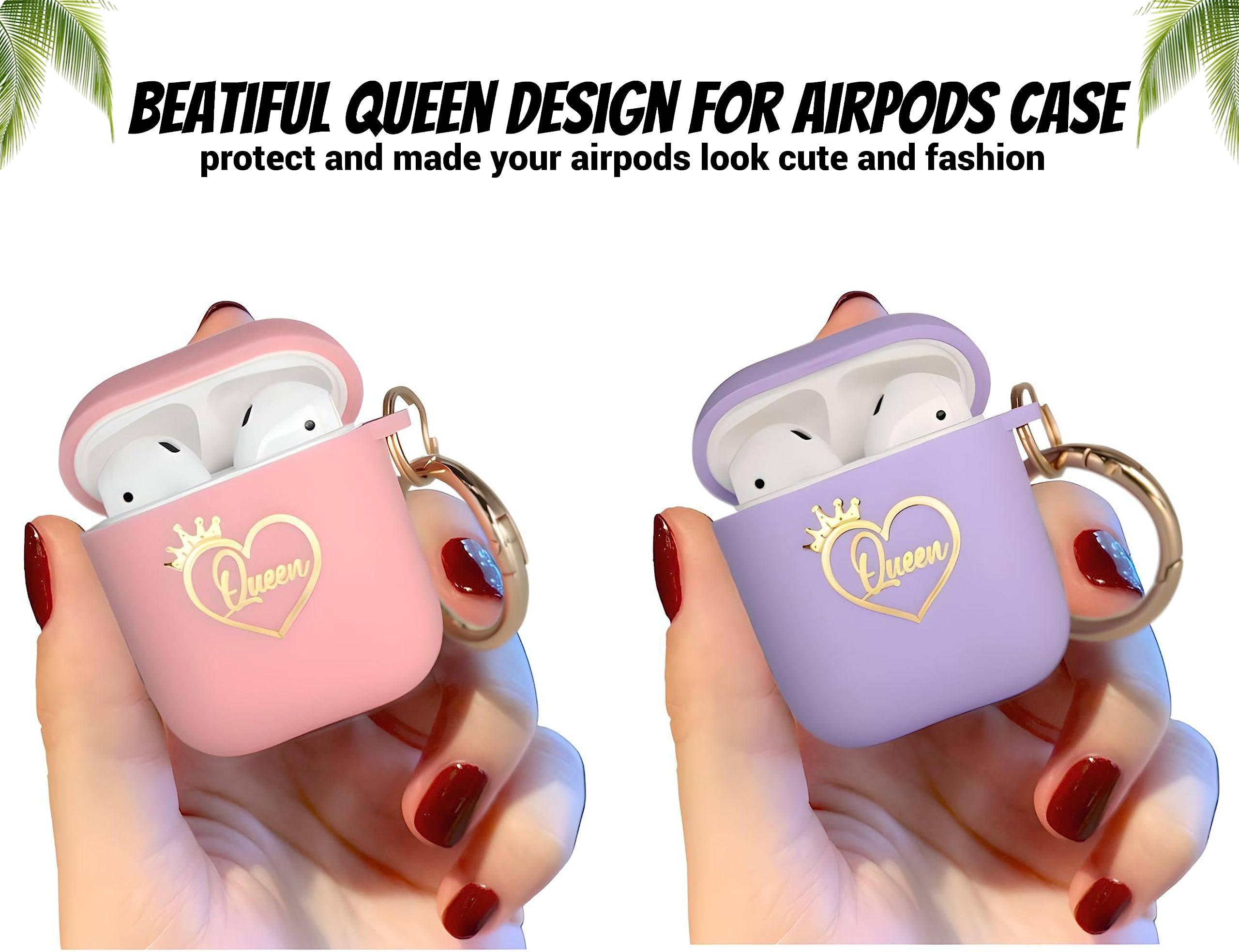 REDX1 [2 Pack] Case Compatible with Airpods 1&2nd Generation Gold Queen Design Protective Cover with Gold Keychain Accessories,TPU for Case for Women,Girl,Teen,Accessories Keychain (Purple,Pink)