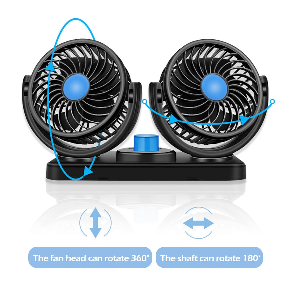 Dual Head Car Fan with Cigarette Lighter Adaptor,2 Speed Strong Quiet Wind+All-Round Adjustment Car Fans that Blow Cold Air Wide Range,Summer Car Essentials Desk Fan for SUV RV Truck Dashboard