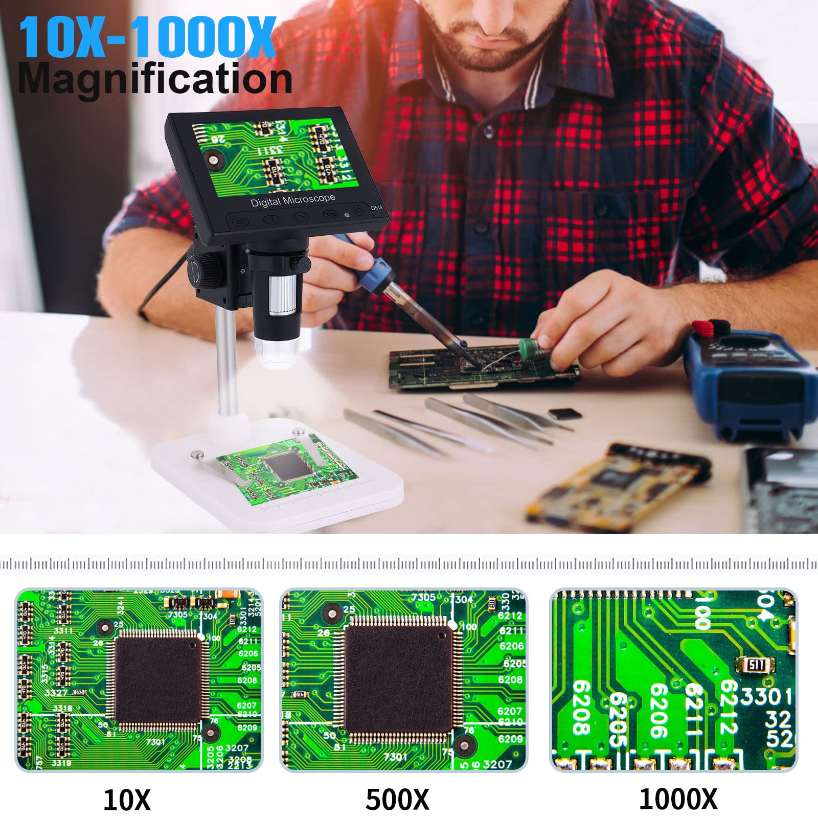 Poothoh 4.3-inch LCD Digital Microscope, 50X-1000X Magnification, Camera Handheld Microscope with 8 LEDs, for PCB/Coin Observation Soldering, Windows Compatible