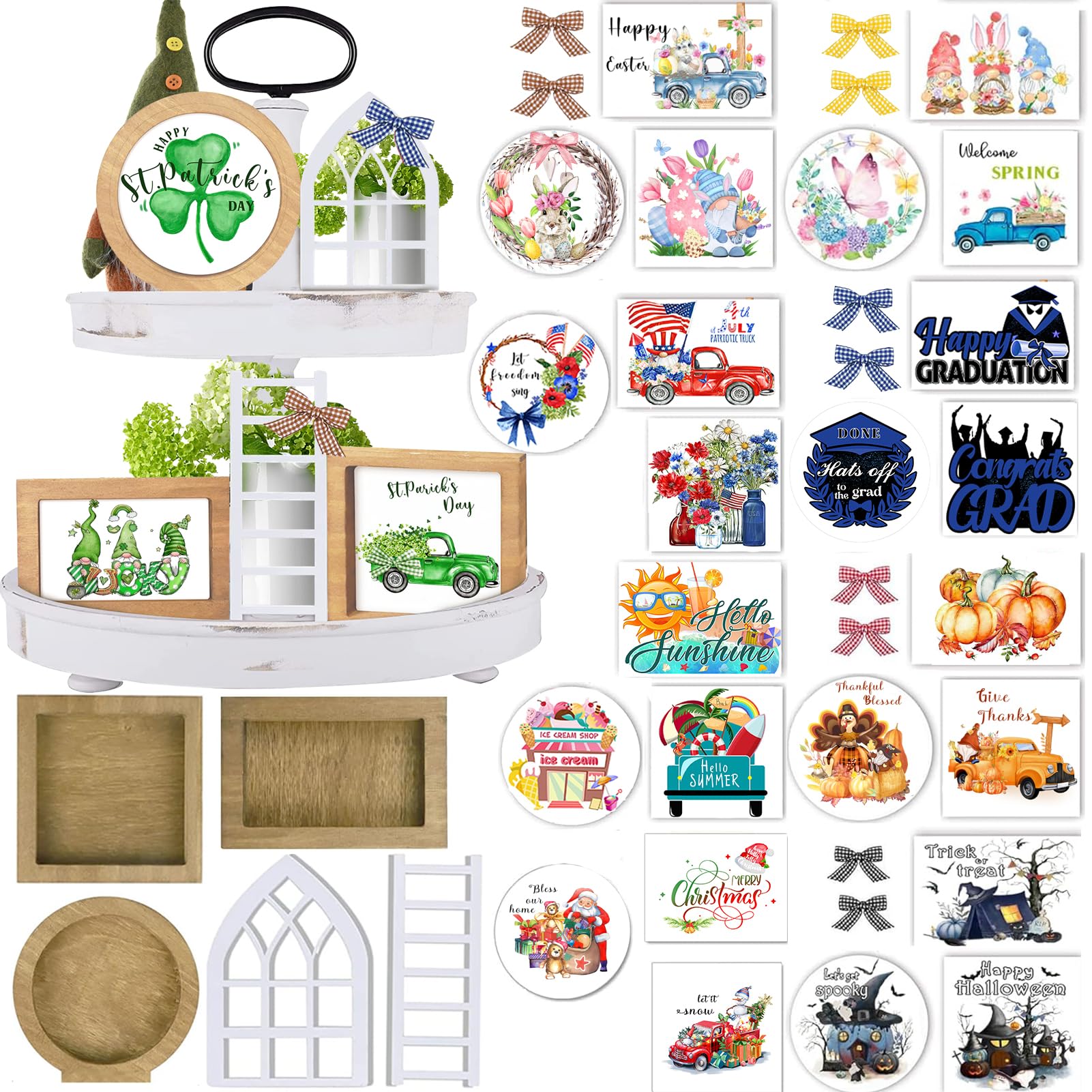St. Patrick's Day Tiered Tray Decor St. Patrick's Day Decorations Interchangeable Decor with Wooden Frames, Arch, Ladder and 18 Cards Cards Including 36 Patterns, (36 Pattern)