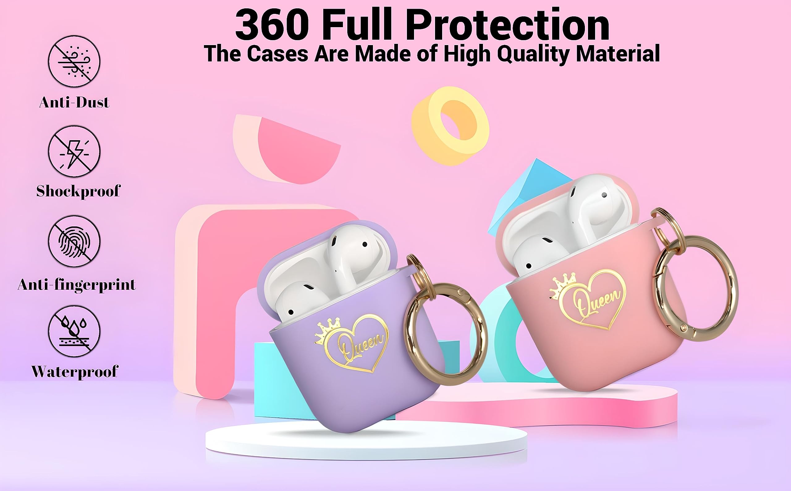 REDX1 [2 Pack] Case Compatible with Airpods 1&2nd Generation Gold Queen Design Protective Cover with Gold Keychain Accessories,TPU for Case for Women,Girl,Teen,Accessories Keychain (Purple,Pink)