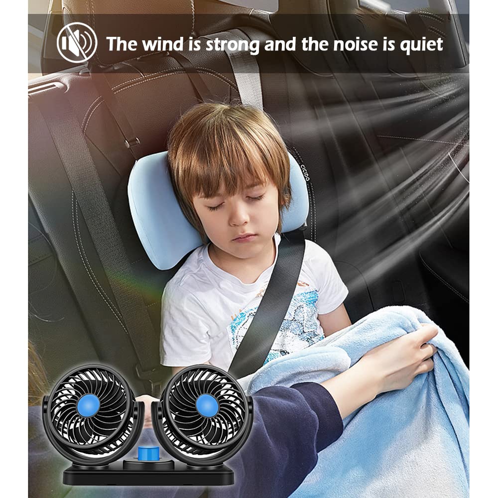 Dual Head Car Fan with Cigarette Lighter Adaptor,2 Speed Strong Quiet Wind+All-Round Adjustment Car Fans that Blow Cold Air Wide Range,Summer Car Essentials Desk Fan for SUV RV Truck Dashboard