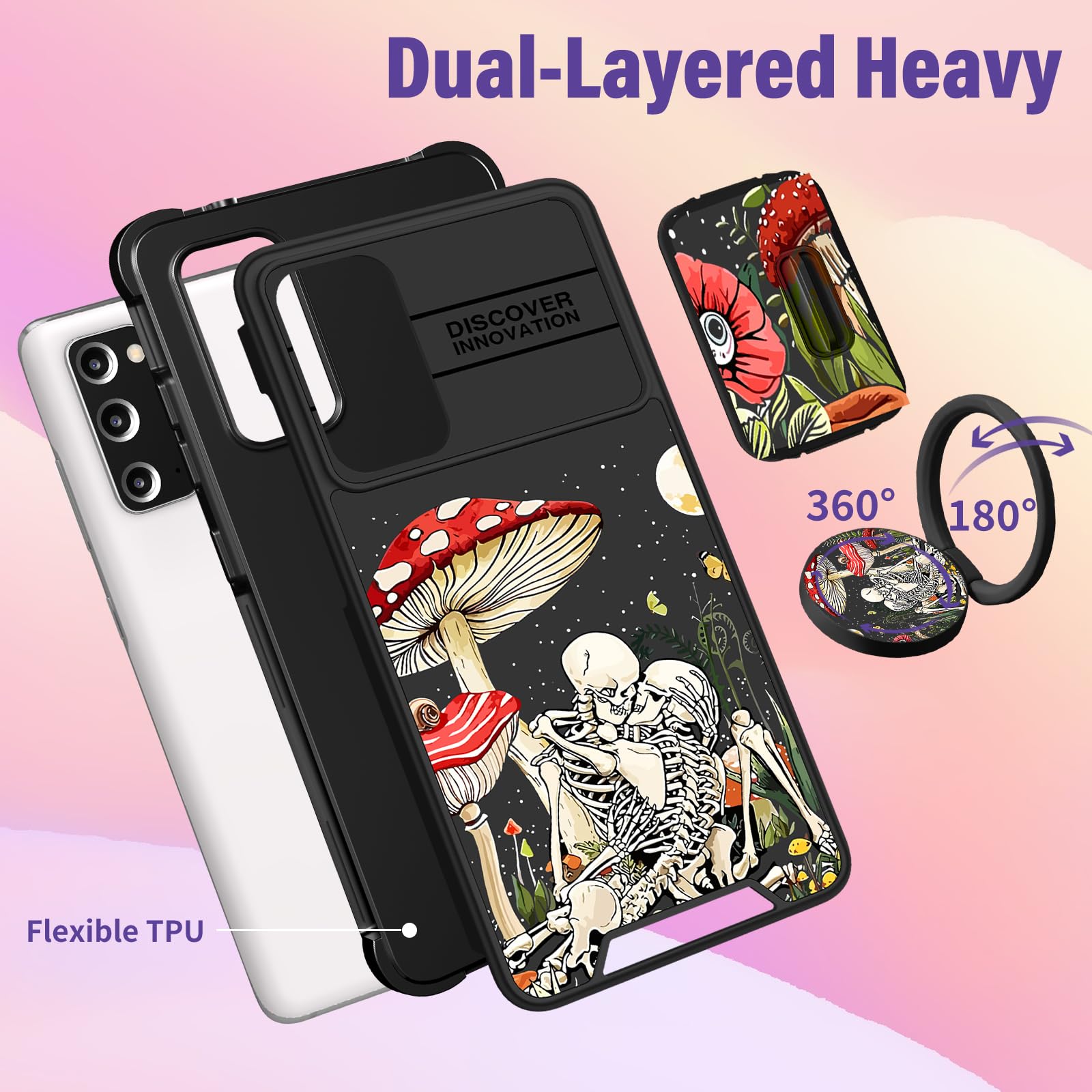 Funermei (2in1 for Samsung Galaxy S20 FE Case for Women Cute Girls Cover Skull Skeleton Goth Fun Funny Spooky Horror Gothic Design with Camera Cover + Ring Stand Funda for Galaxy S20 FE 5G Phone Case