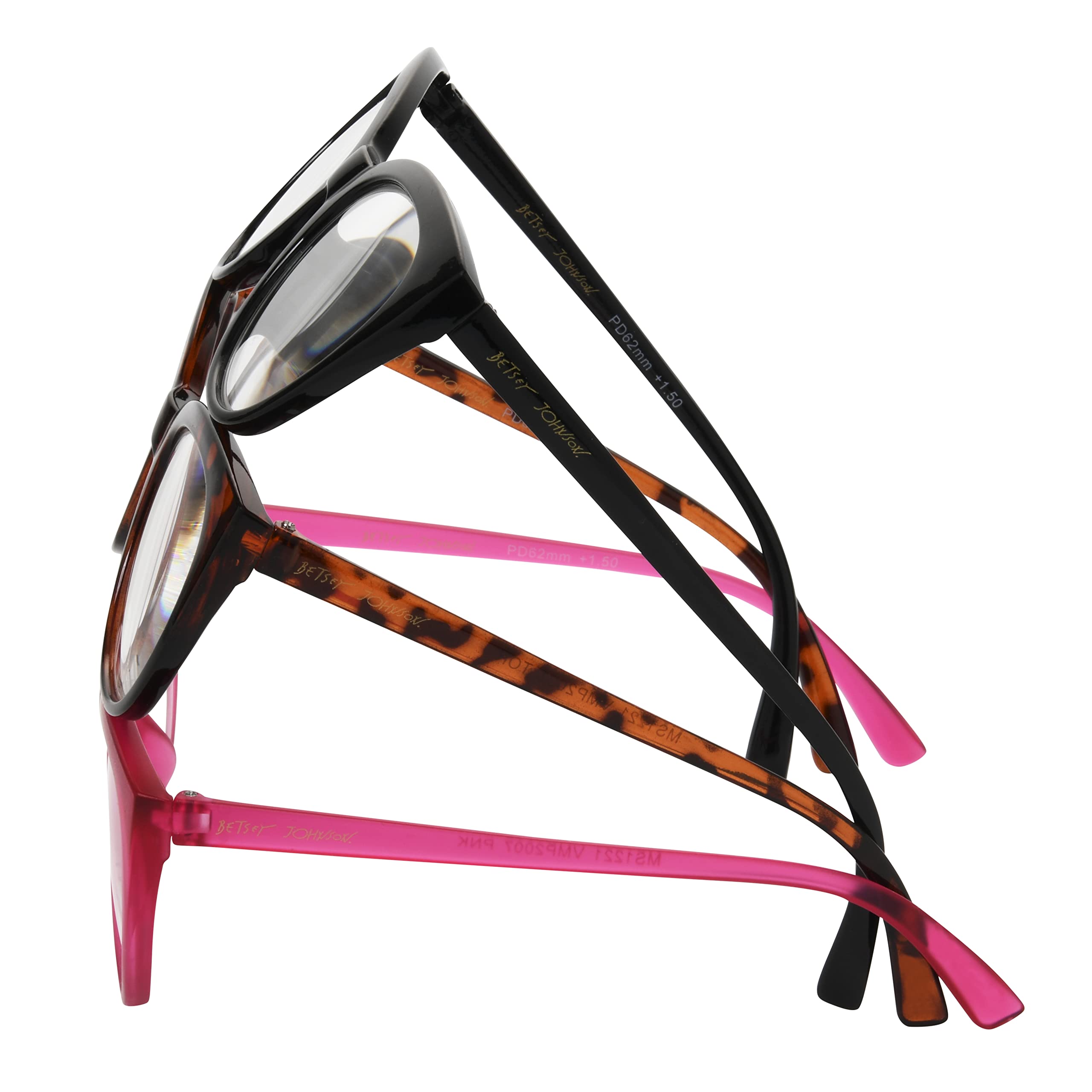 Betsey Johnson Women's Plaid 3 Pack Reading Glasses Cat Eye, Black, Tortoise, Magenta, 1.5X + 1.5