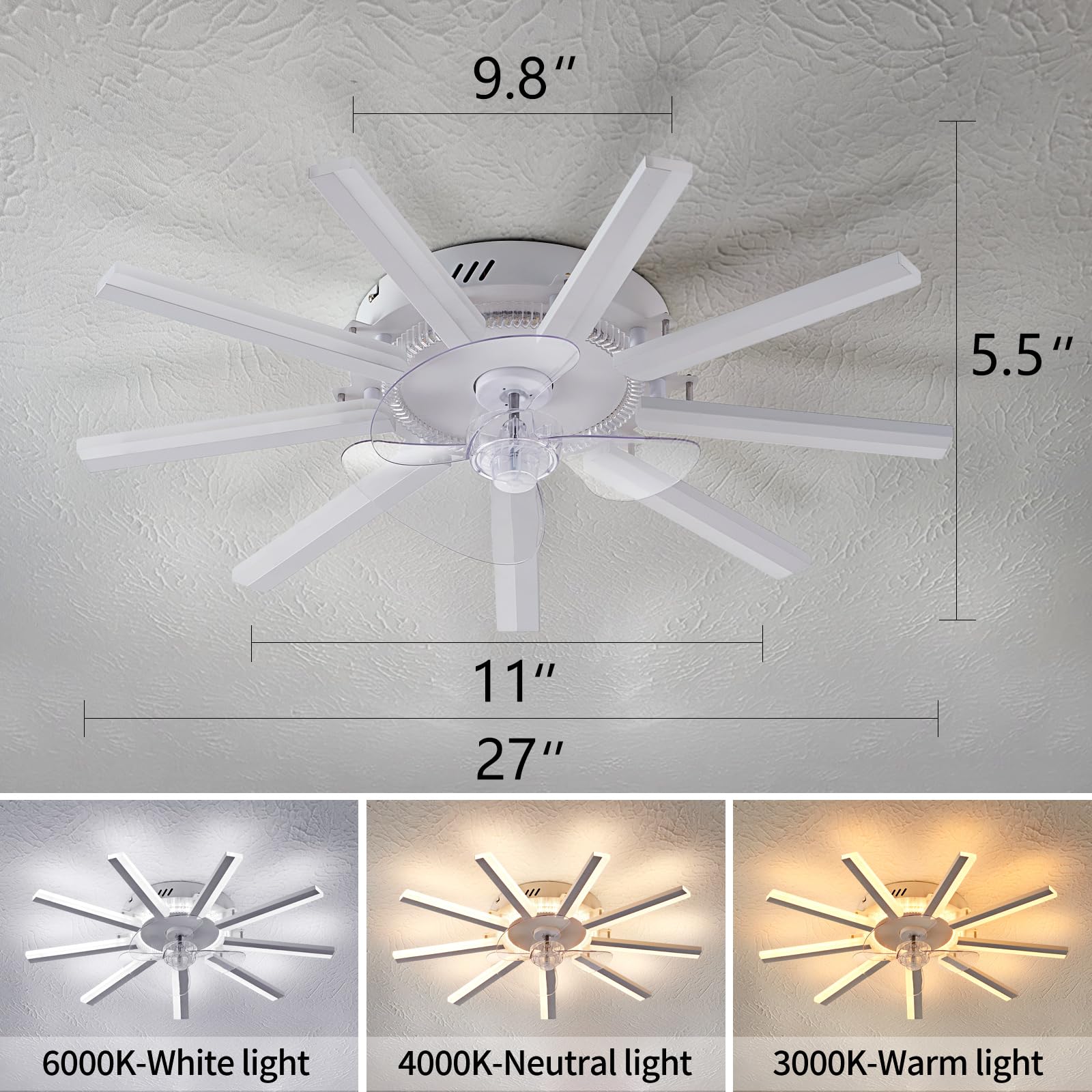 HuixuTe 27" Geometric Ceiling Fan with Lights, 3 Colors 6 Speeds Personalized Ceiling Fan with Light Remote Control, White Low Profile Ceiling Fan with Light for Kitchen Bedroom