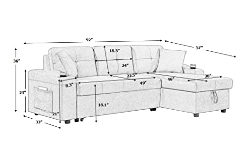 BIADNBZ Reversible Sectional Sleeper Sofa Bed L-Shaped Couch for Living Room/Apartment, with Storage Chaise, Side Pockets &Cup Holders, Dark Gray