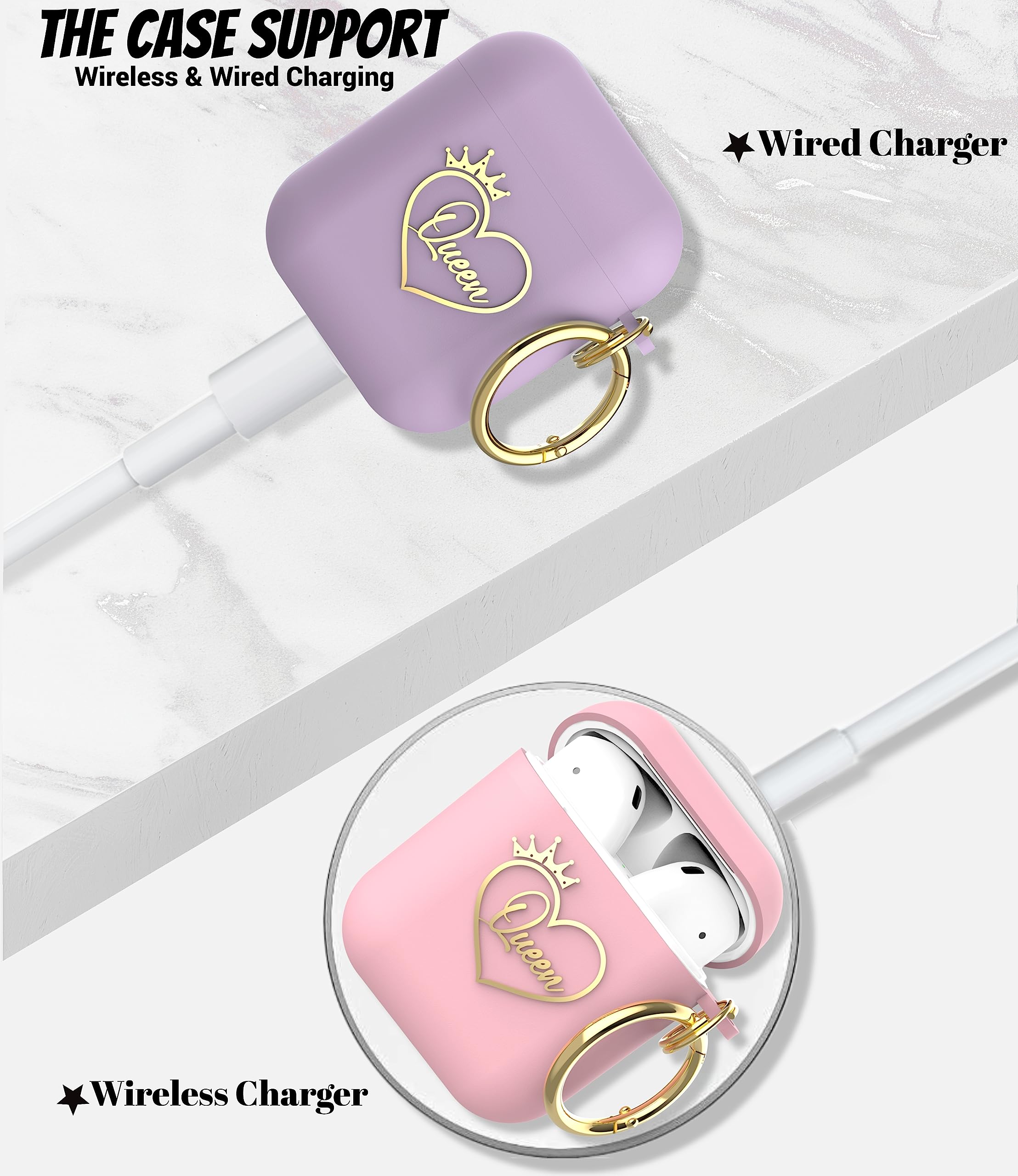 REDX1 [2 Pack] Case Compatible with Airpods 1&2nd Generation Gold Queen Design Protective Cover with Gold Keychain Accessories,TPU for Case for Women,Girl,Teen,Accessories Keychain (Purple,Pink)