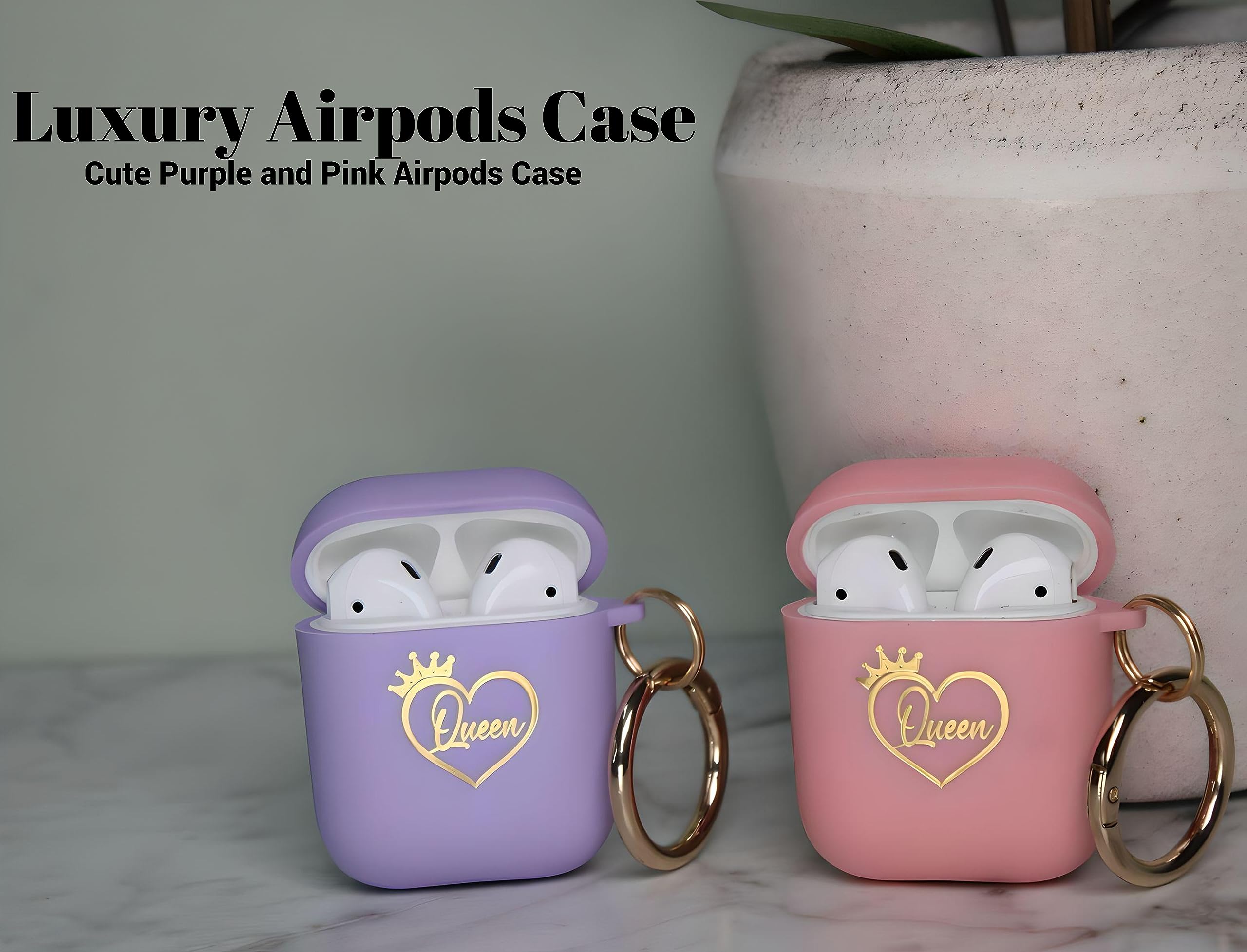 REDX1 [2 Pack] Case Compatible with Airpods 1&2nd Generation Gold Queen Design Protective Cover with Gold Keychain Accessories,TPU for Case for Women,Girl,Teen,Accessories Keychain (Purple,Pink)