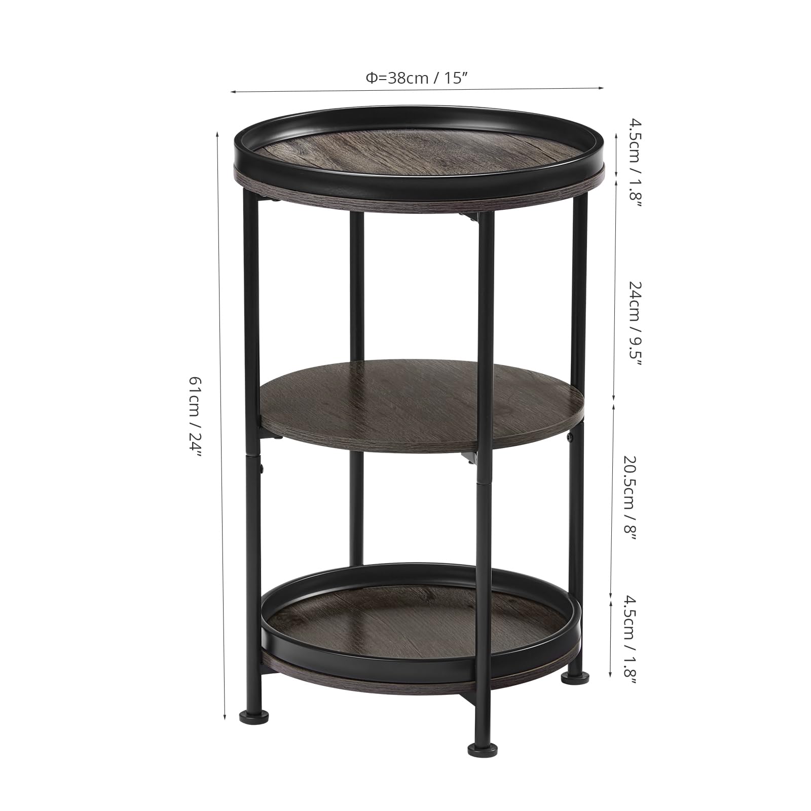 Dulcii Side Table, Round End Table with 3 Shelves for Living Room, Bedroom, Nightstand with Steel Frame for Small Spaces, Industrial Round Sofa Table, Outdoor Accent Coffee Table, Grey