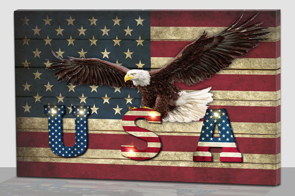 alottagifts American Flag USA Eagle LED Canvas Wall Art Print (12'' x 16'', Living Room Decor, Art Deco, Modern Artwork)