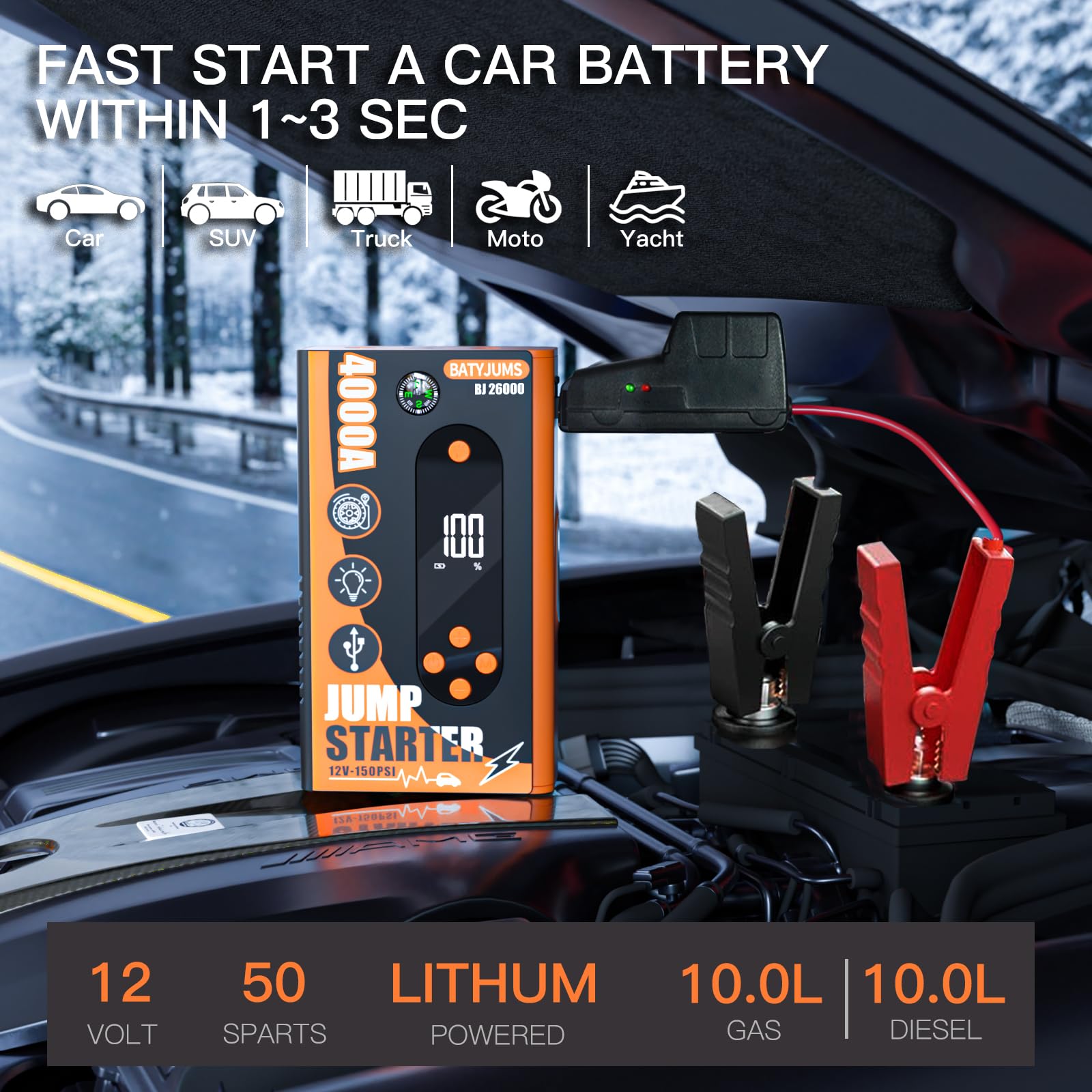 BATYJUMS Battery Jump Starter with - Air Compressor Portable Car Jump Box,๐ฐ๐ฌ๐ฌ๐ฌ๐ ๐ญ๐ฎ๐ฉ Emergency Booster Pack, Gasoline ๐ญ๐ฌ๐ Diesel๐ญ๐ฌ๐, ๐ญ๐ฑ๐ฌ๐ฃ๐ฆ๐ for Auto Motorcycle