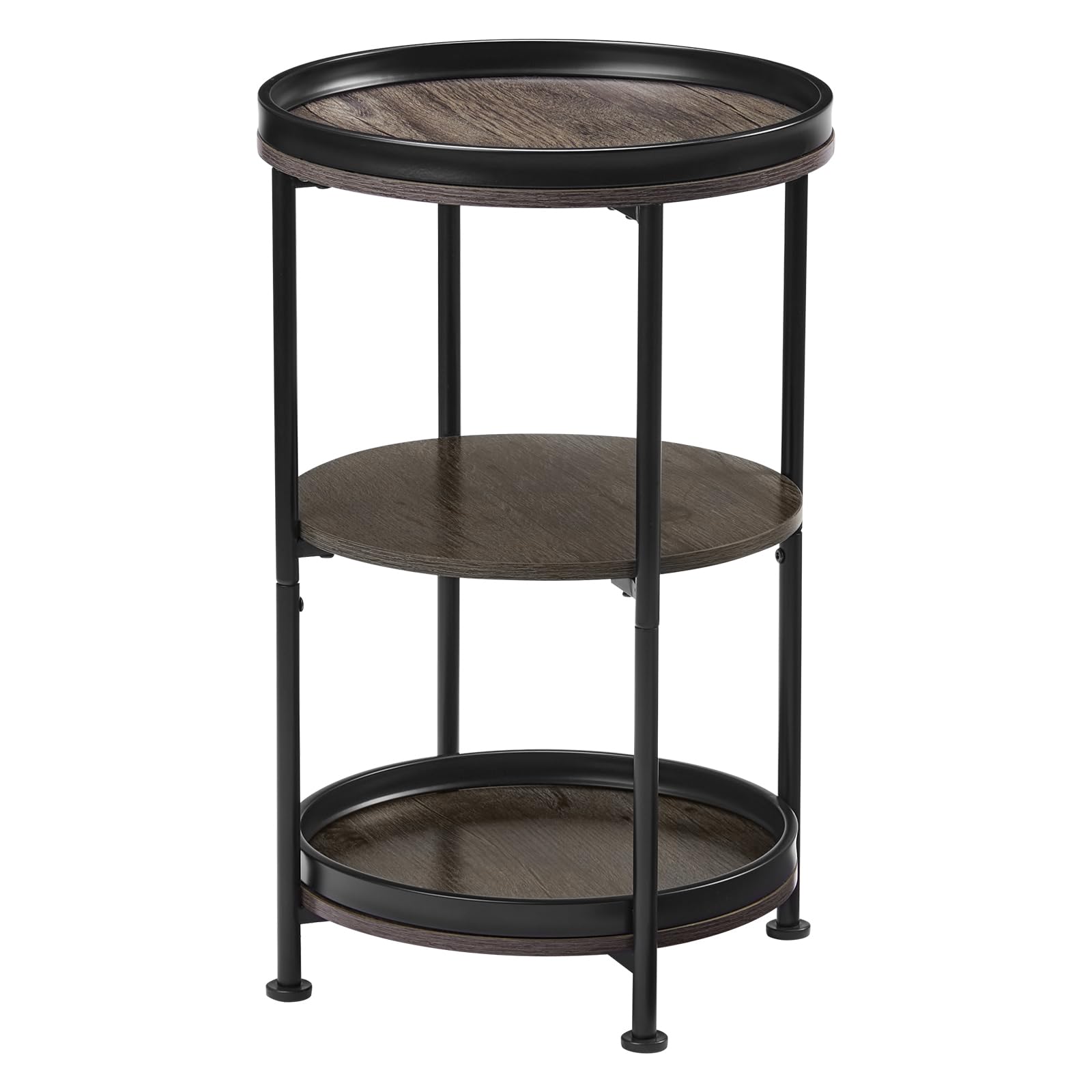 Dulcii Side Table, Round End Table with 3 Shelves for Living Room, Bedroom, Nightstand with Steel Frame for Small Spaces, Industrial Round Sofa Table, Outdoor Accent Coffee Table, Grey